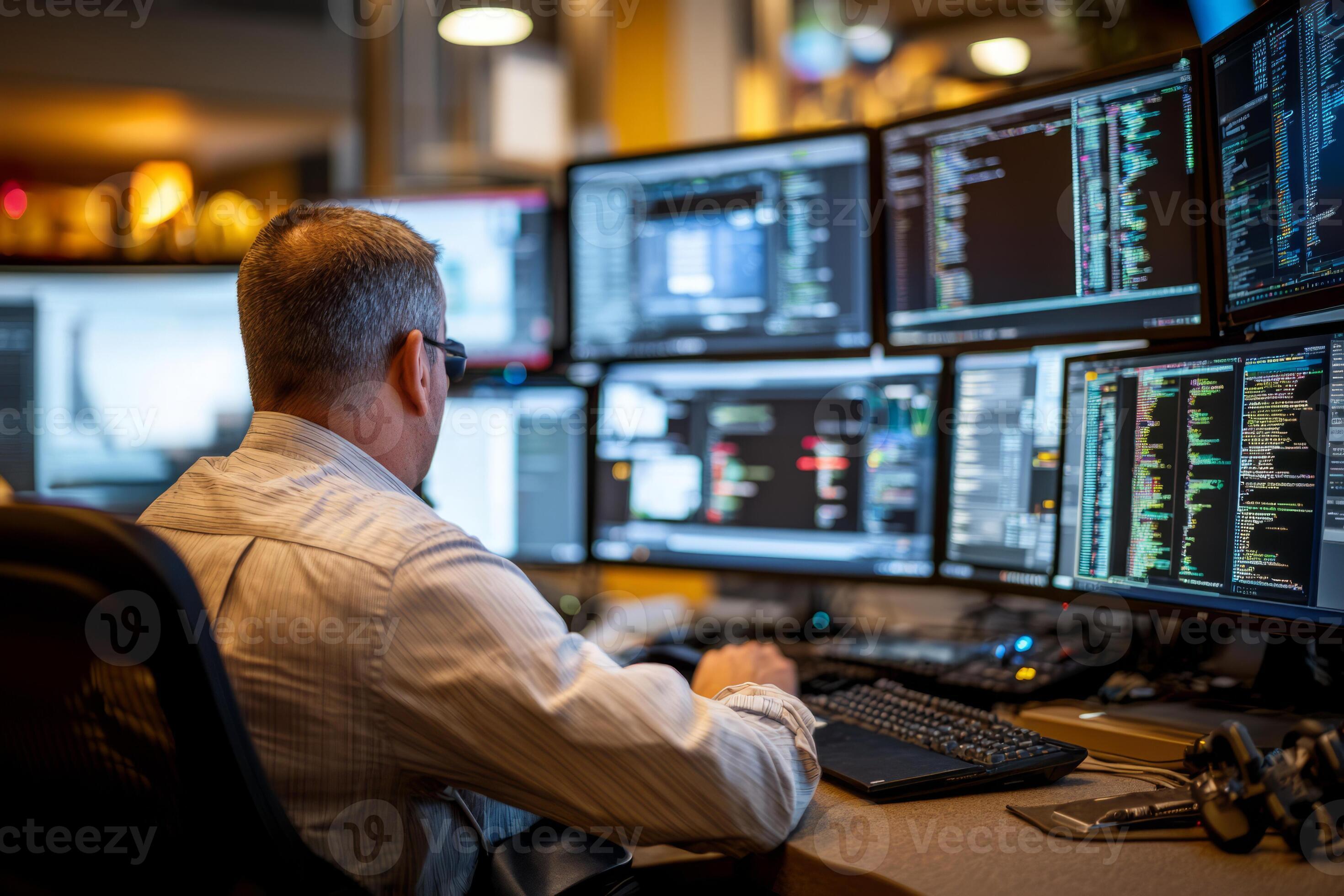 Software Developer Analyzing Code On Multiple Monitors 55528743 Stock