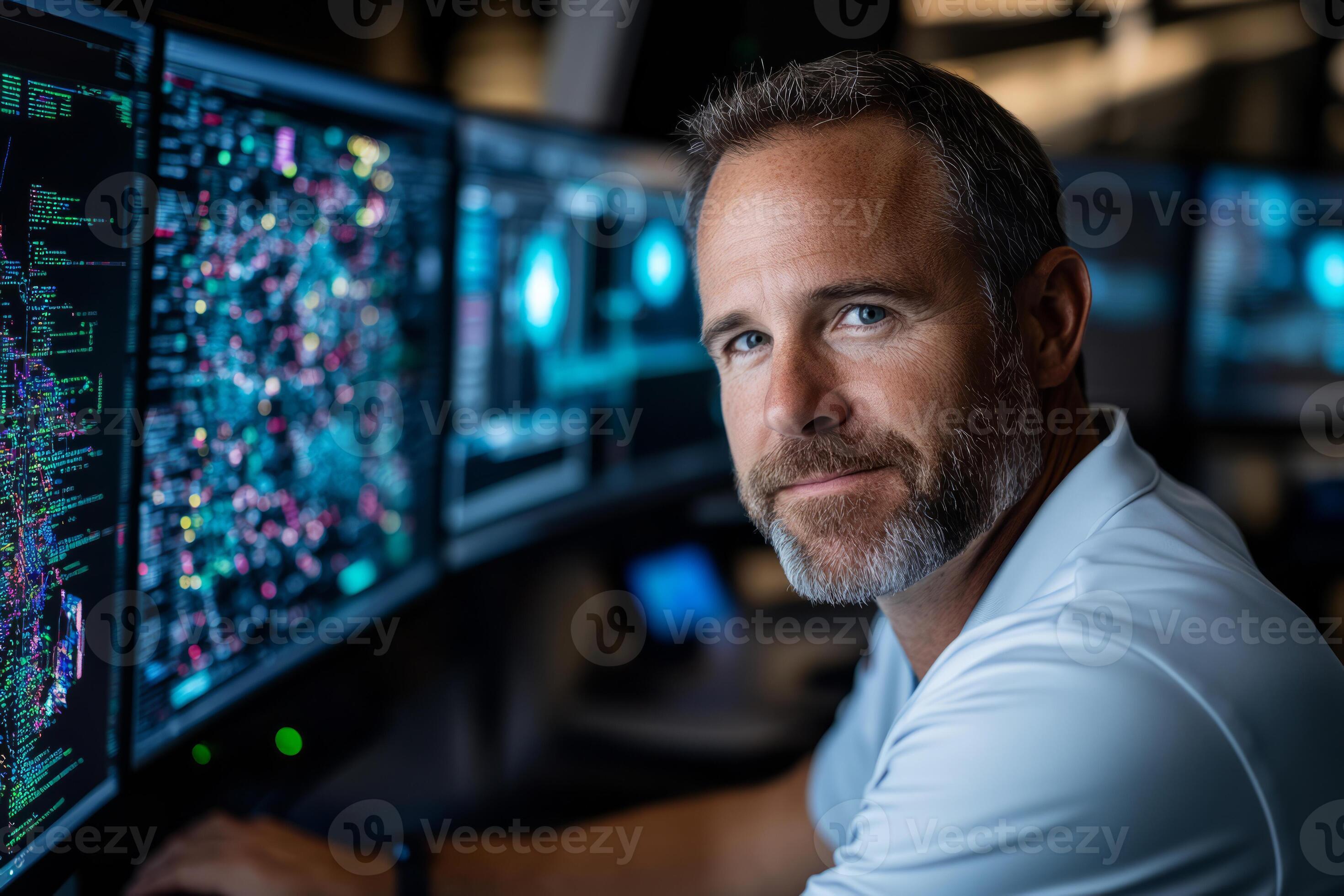 Developer analyzing code on multiple monitors in a office setting 55528836 Stock Photo at Vecteezy