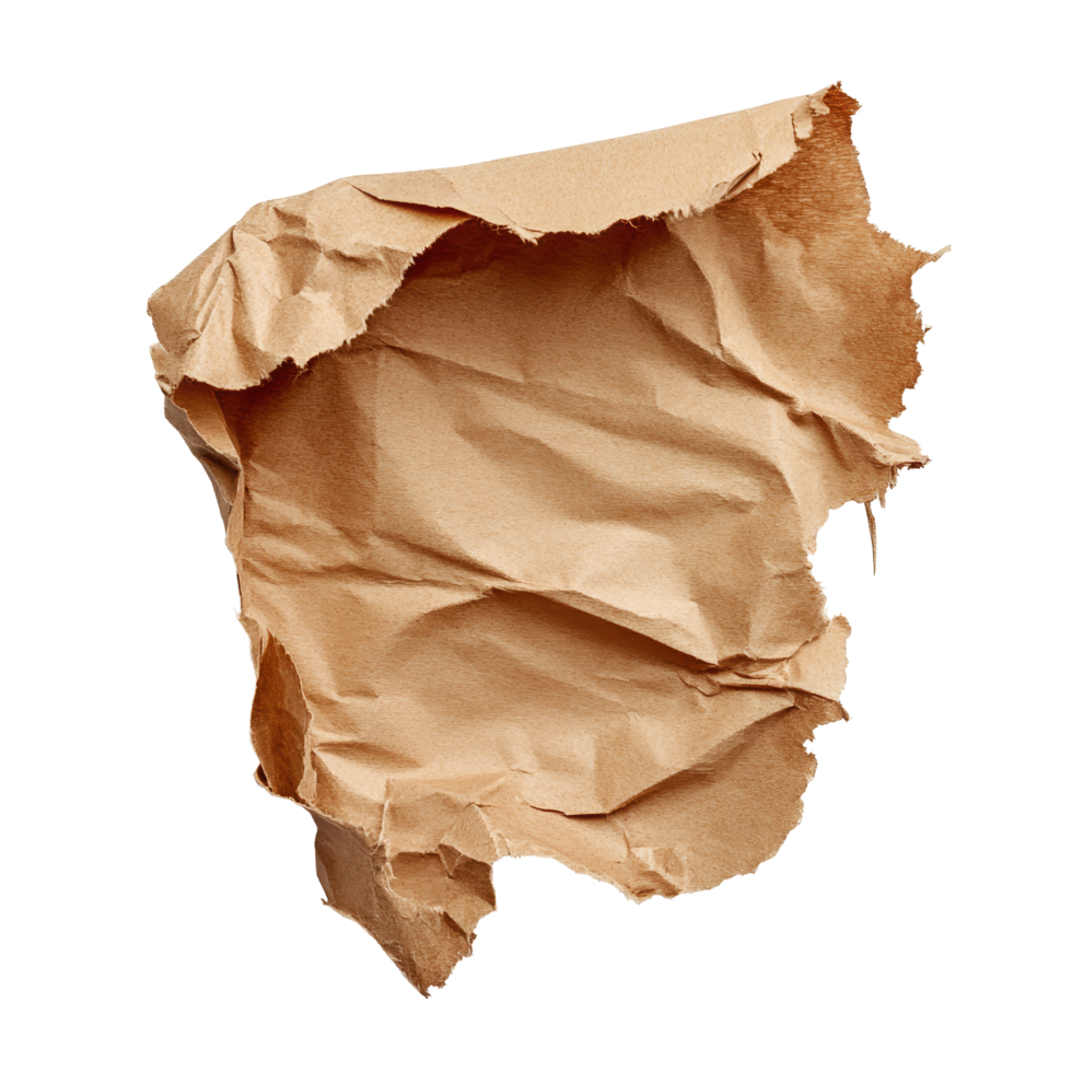 Torn brown tissue paper crumpled and scattered on a transparent ...