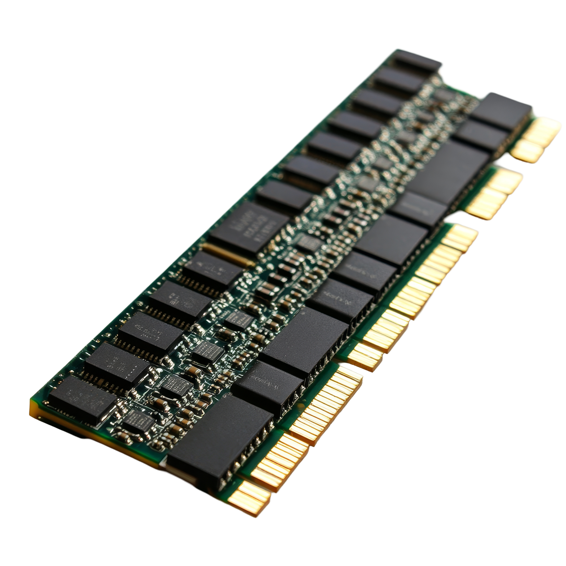 A closeup view of computer memory storage module on a clean transparent ...