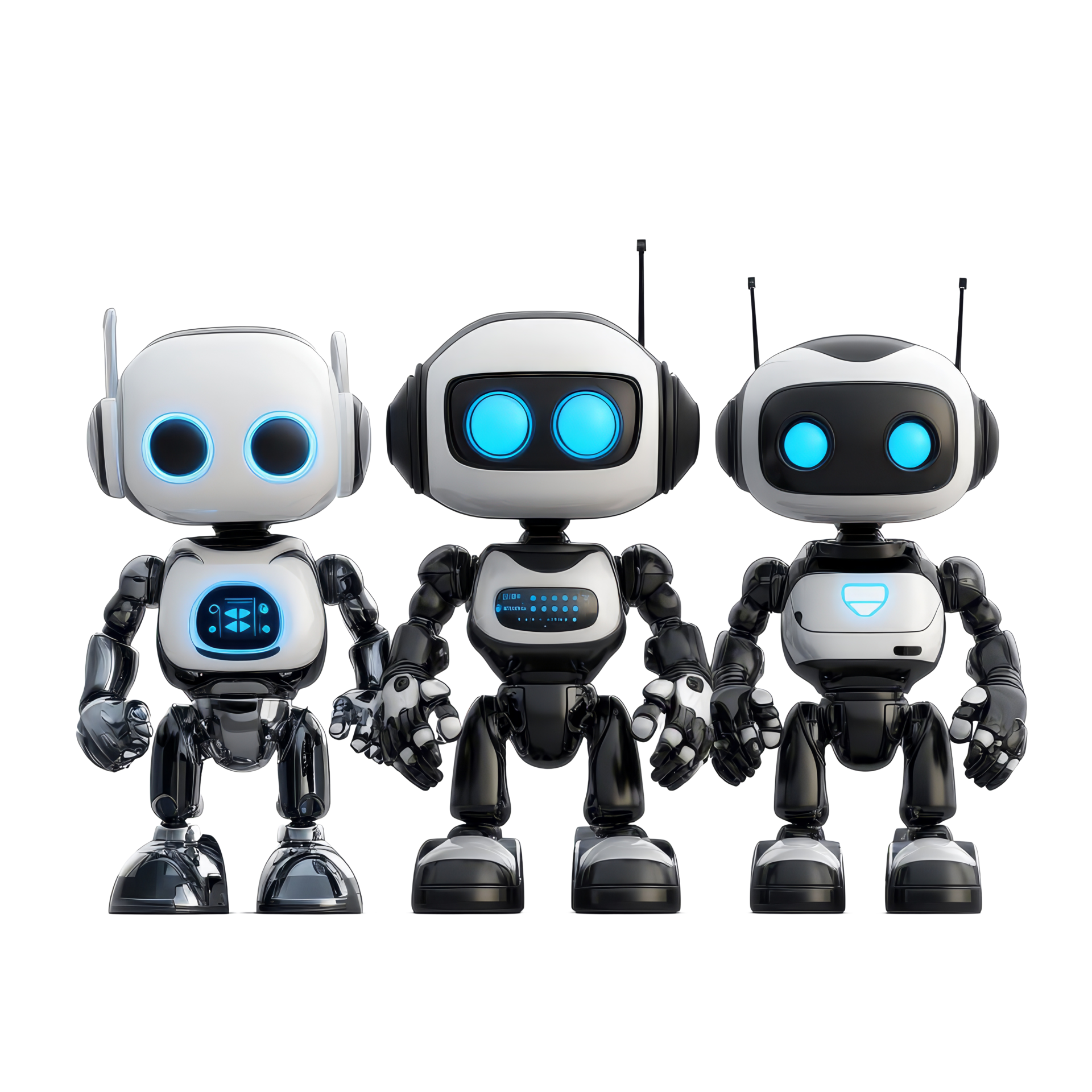Friendly AI robots standing together on a transparent background, showcasing their distinct ...