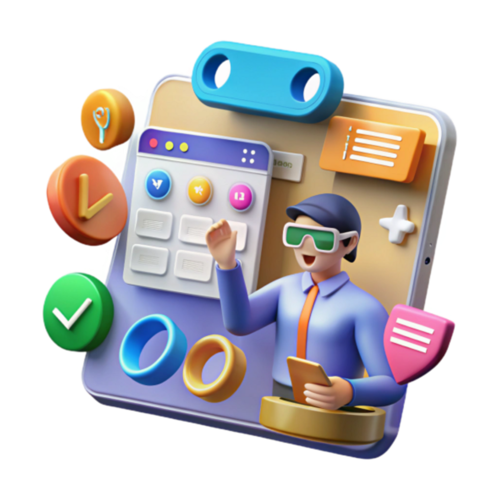 3D Illustration Happy User Interacting with Colorful App Interface ... 3D Illustration Happy User Interacting with Colorful App Interface ...