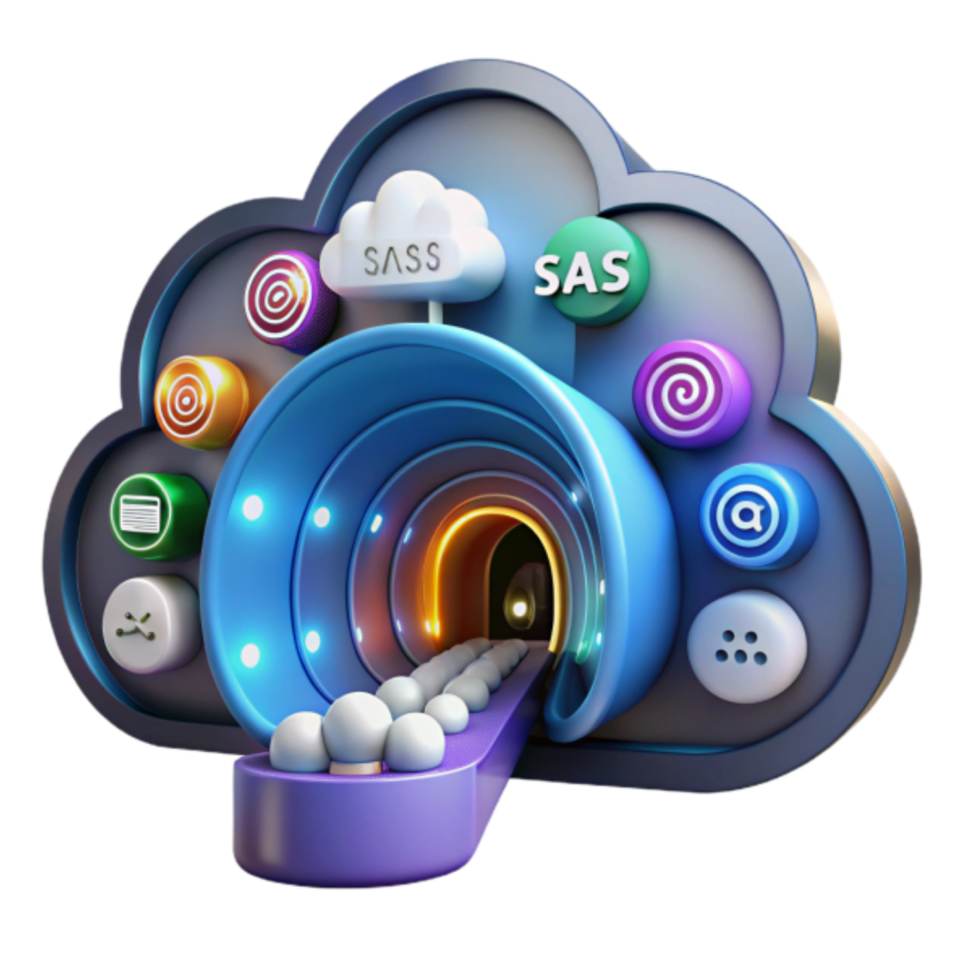 3D Illustration of Data Flowing Through Cloud Computing Tunnel, SaaS and SAS Software 55535052 PNG