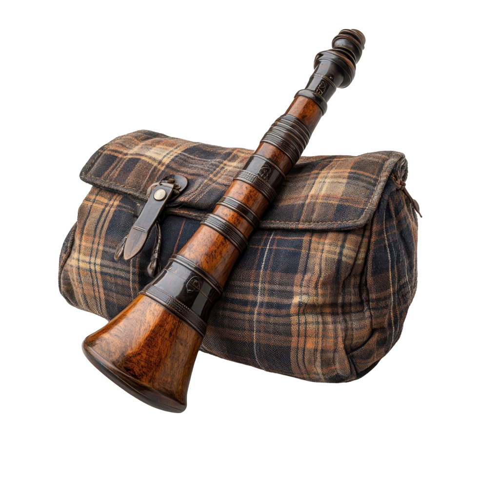Wooden wind instrument rests on a plaid bag ready for a musical journey ...