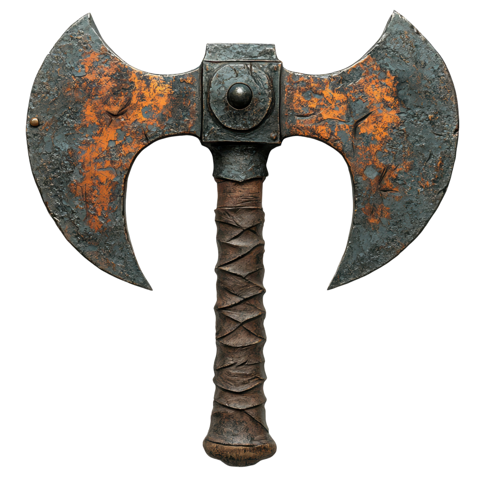 Rustic double-headed axe with ornate design and aged handle displayed against a neutral ...