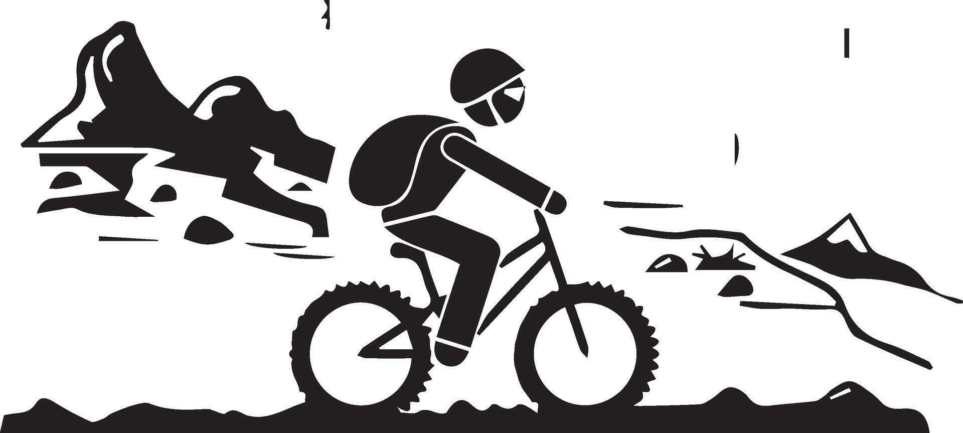Black and White Illustration of a Man Cycling Through Mountains and ... Black and White Illustration of a Man Cycling Through Mountains and ...