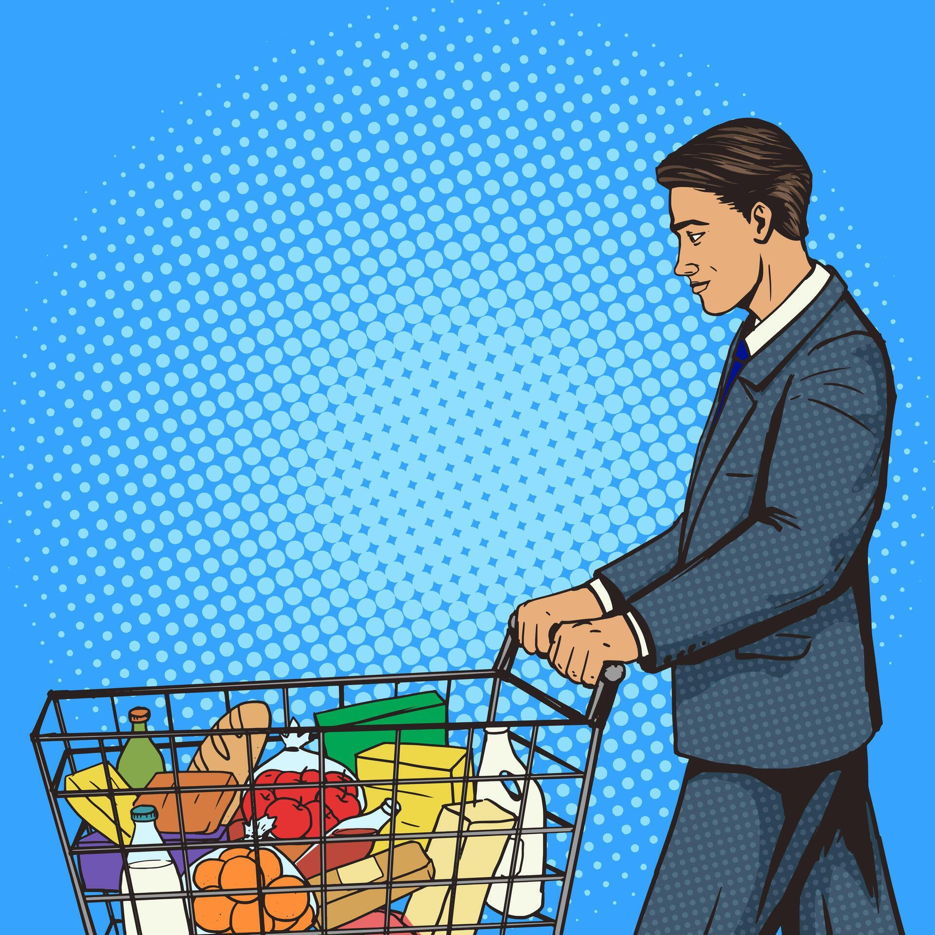 Businessman with shopping cart in market pop art style illustration. Human illustration. Comic ...