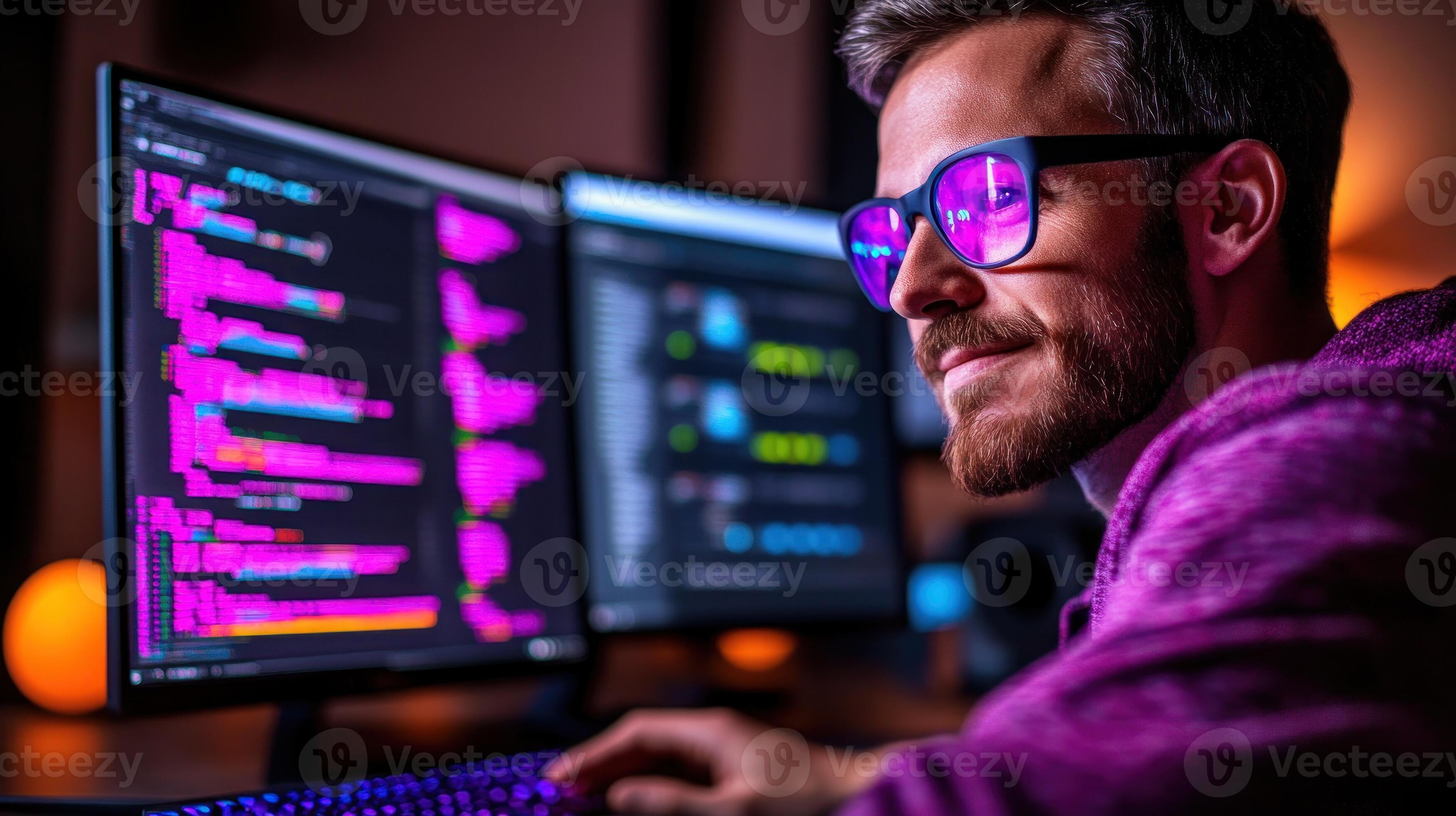 Programmer focused on coding at night with illuminated monitors and a creative workspace ...