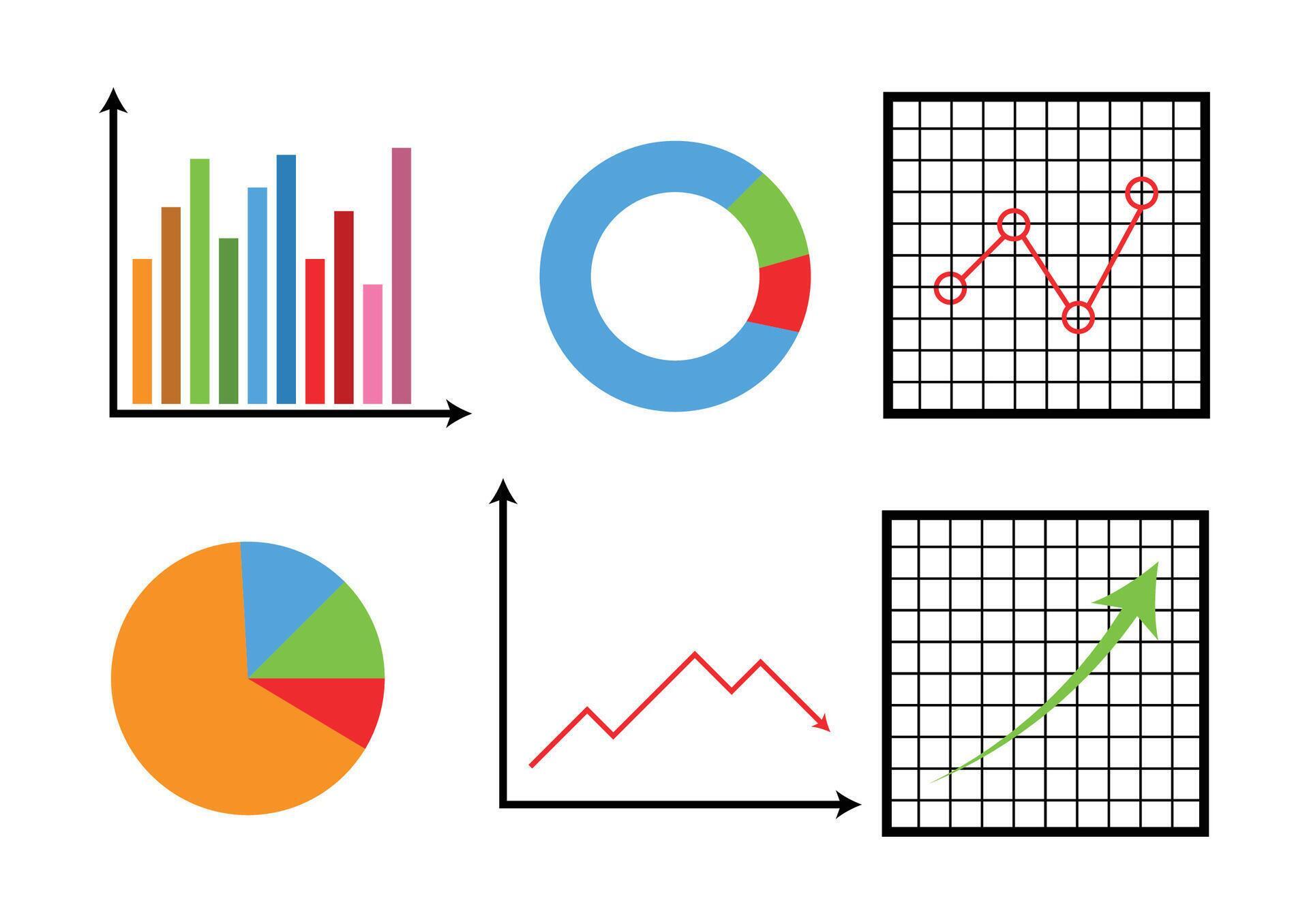 Set of graphs such as bar and pie chart, line graph on a white ...