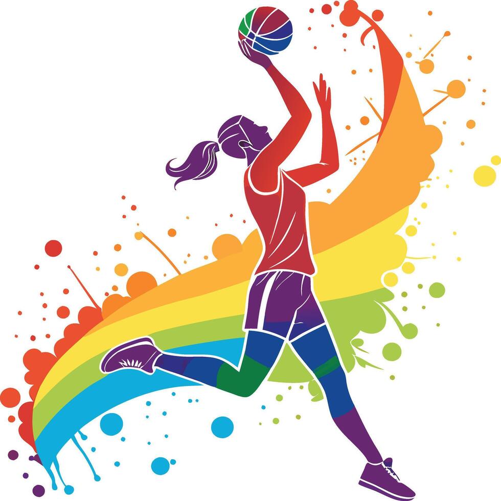 Dynamic Basketball Player Silhouette with Rainbow Trail and Ink Splash ...