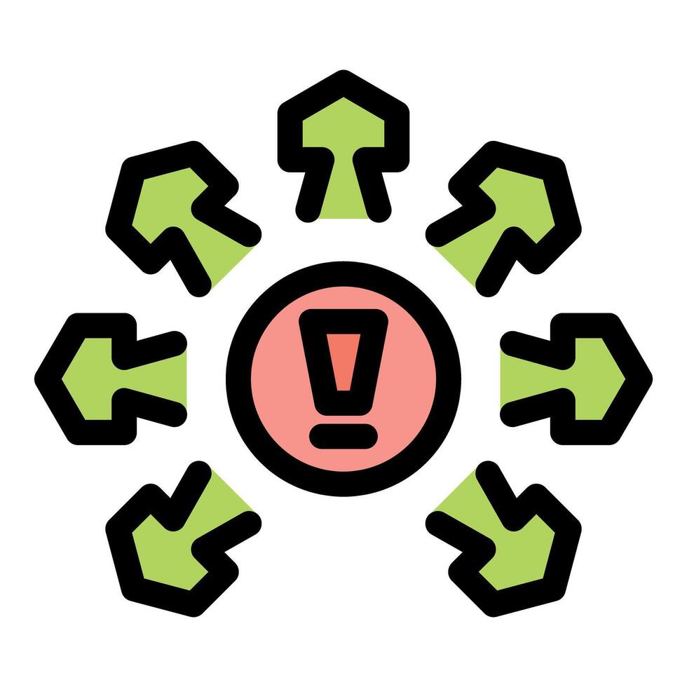 Arrows pointing to central exclamation mark representing problem ...