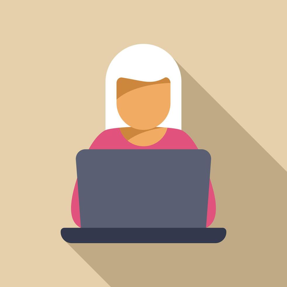 Woman working with laptop computer flat design illustration with long ...