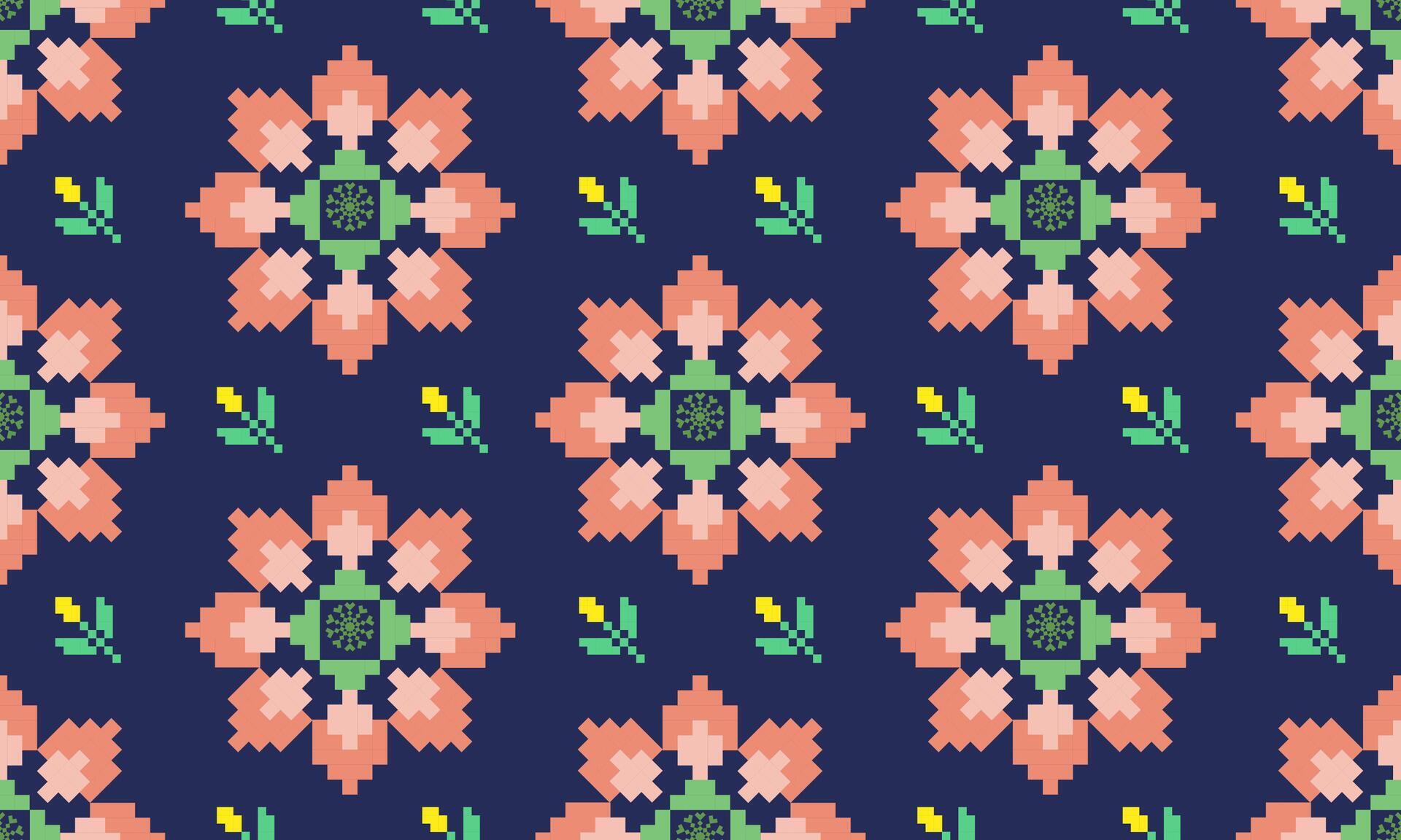a detailed pattern composed of pixel designs with light orange flowers ...