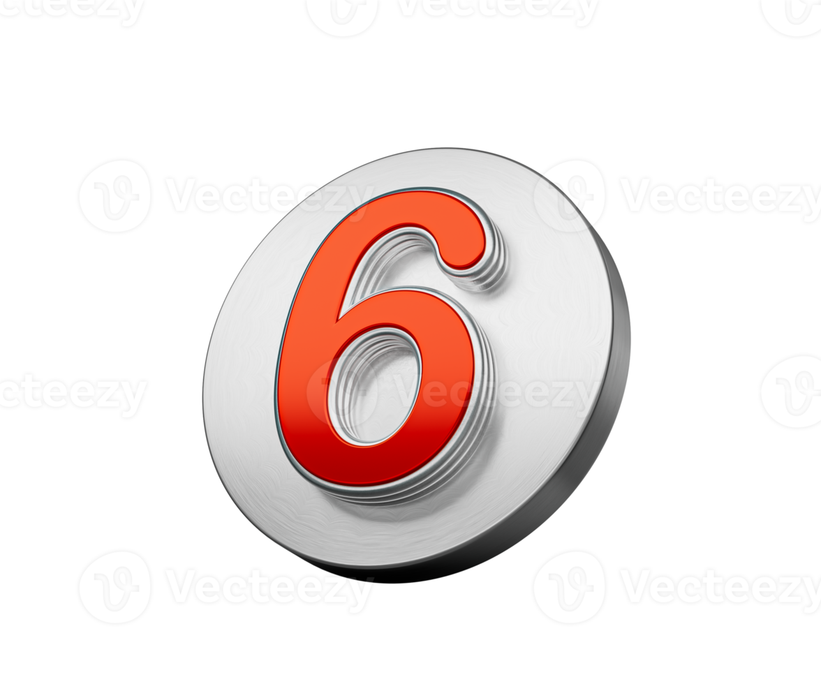 Vibrant Red Number Six 6 On A Metallic Silver Disc Icon 3D Illustration 55610687 PNG
