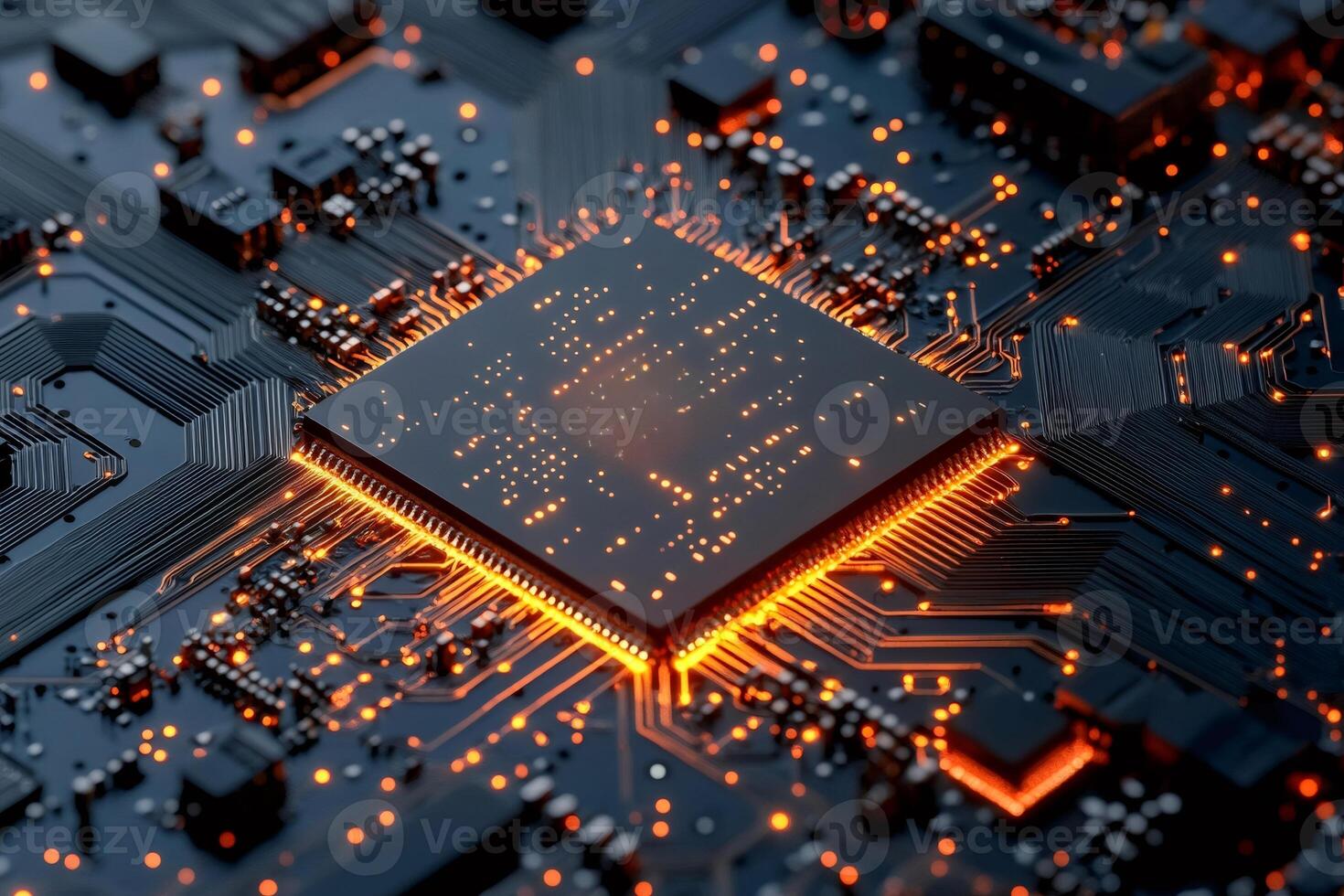 Modern Cpu Performing Complex Calculations With Orange Lights Illuminating Motherboard 55624645