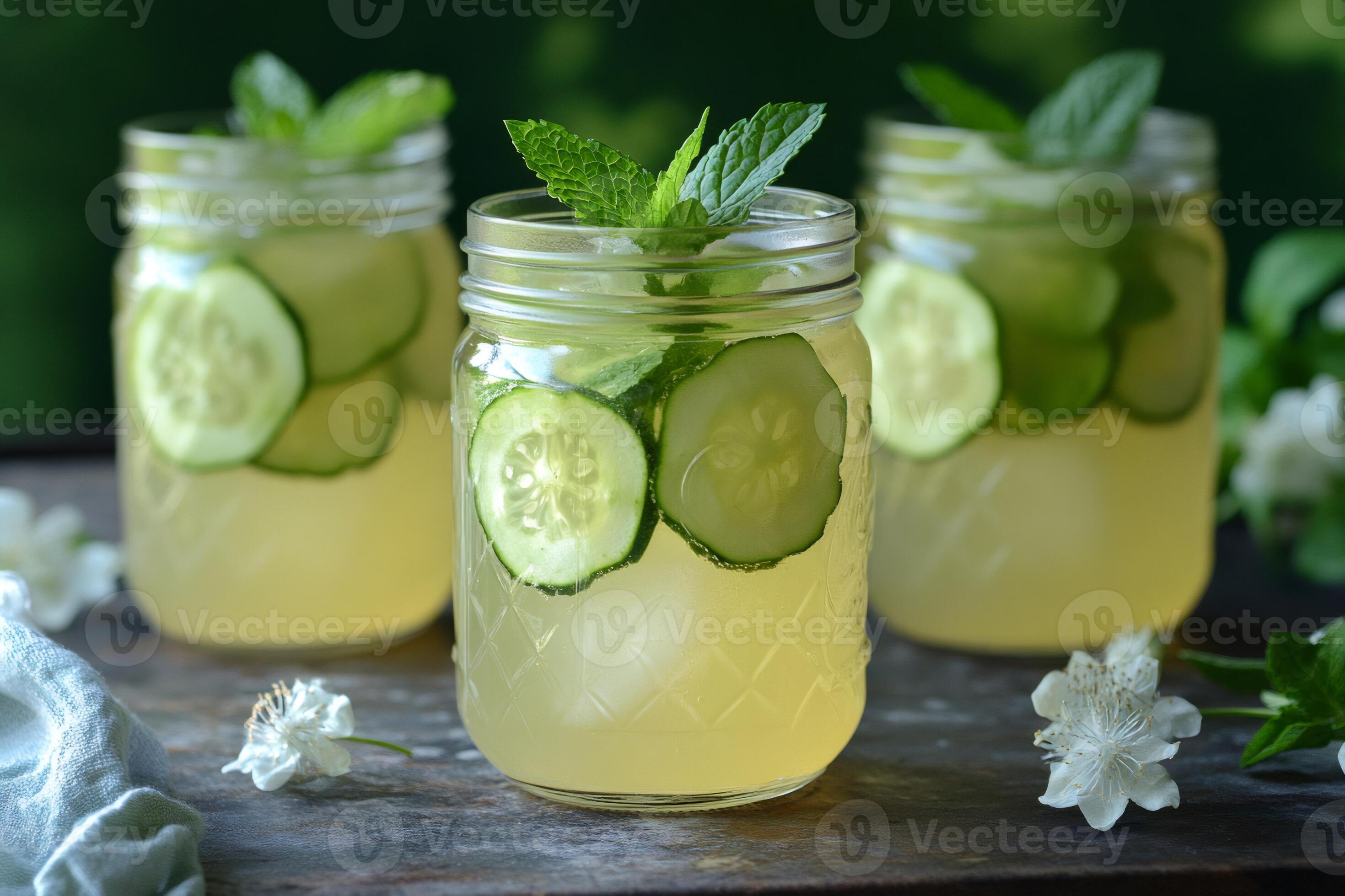 Refreshing cucumber mint iced tea in mason jars with ice and white flowers 55624787 Stock Photo ...