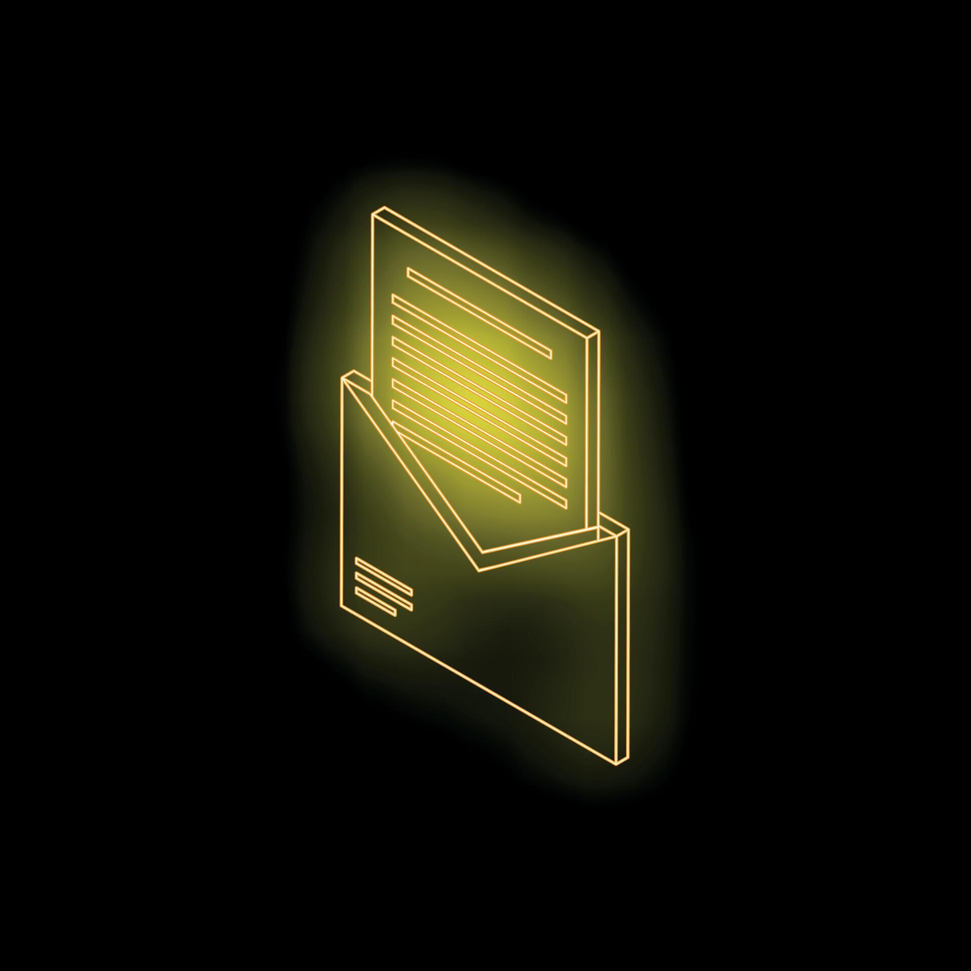 Glowing neon yellow open email envelope with letter inside on black ...