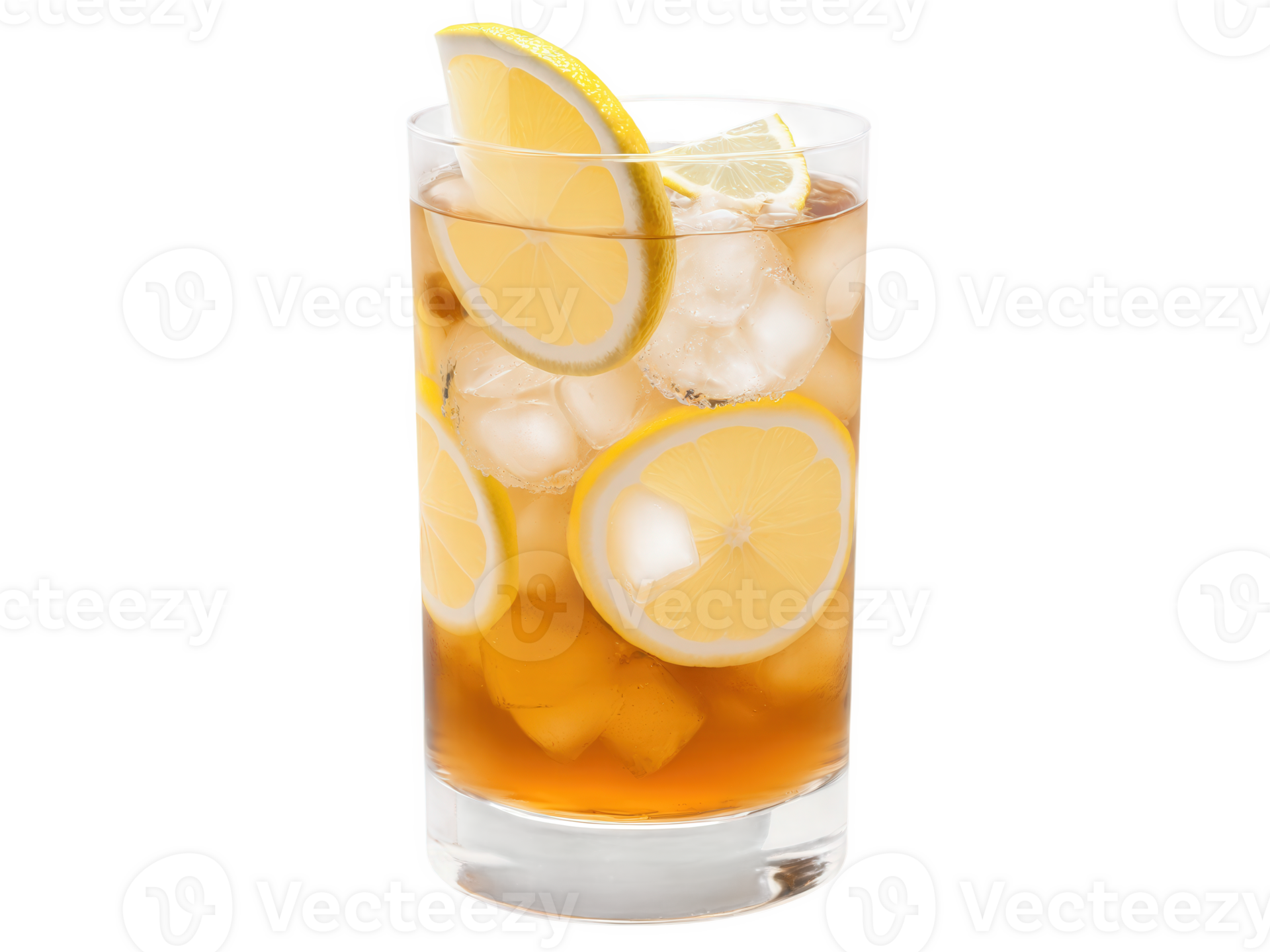 Long Island Iced Tea, potent vodka, rum, gin, tequila cocktail with lemon wedge in a highball ...