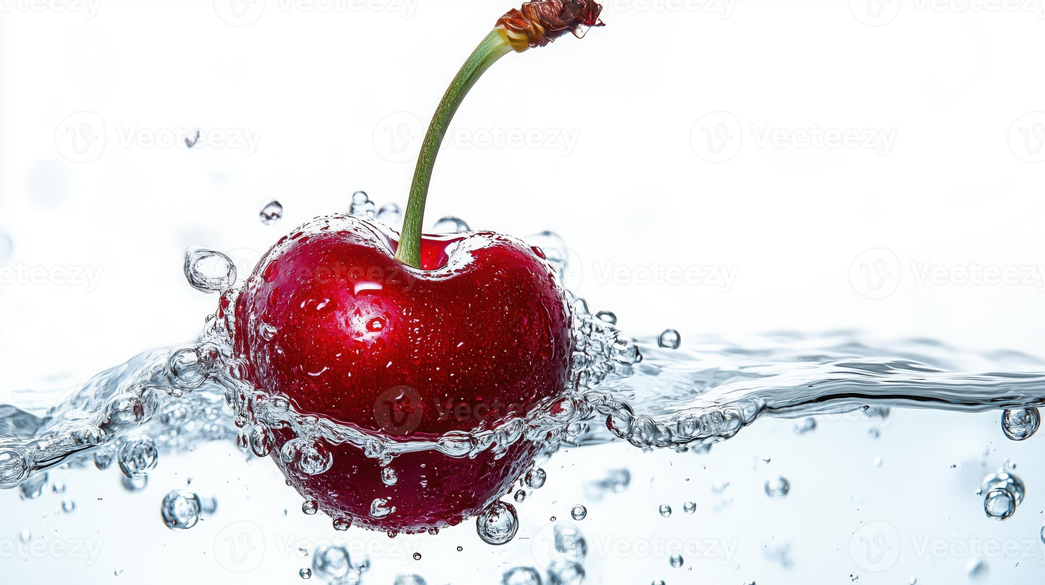 Vibrant fresh cherries submerged in water with bubbles and ripples, highlighting freshness and ...