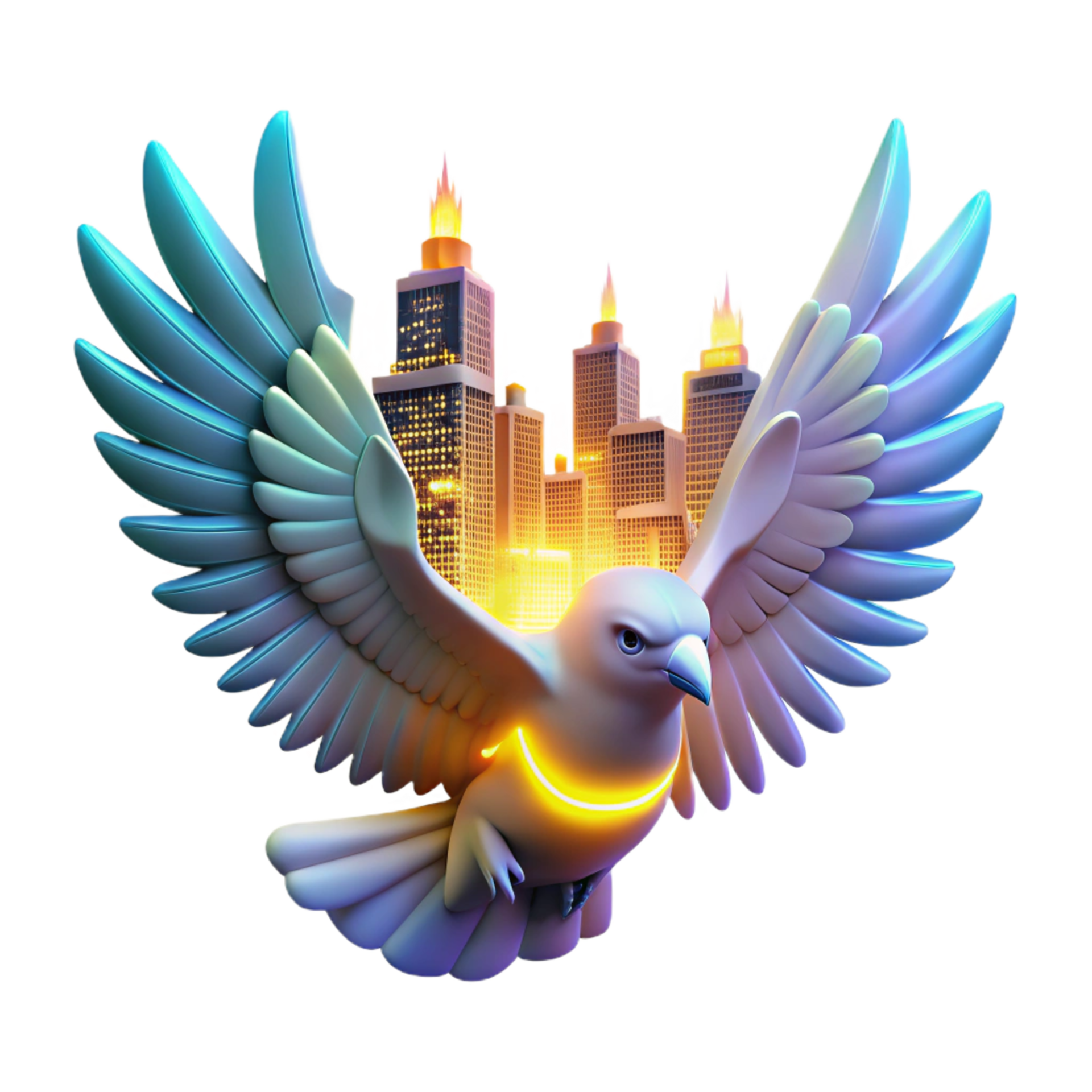Cityscape Dove Wings Over Urban Night A dynamic depiction of a dove navigating a world of urban ...