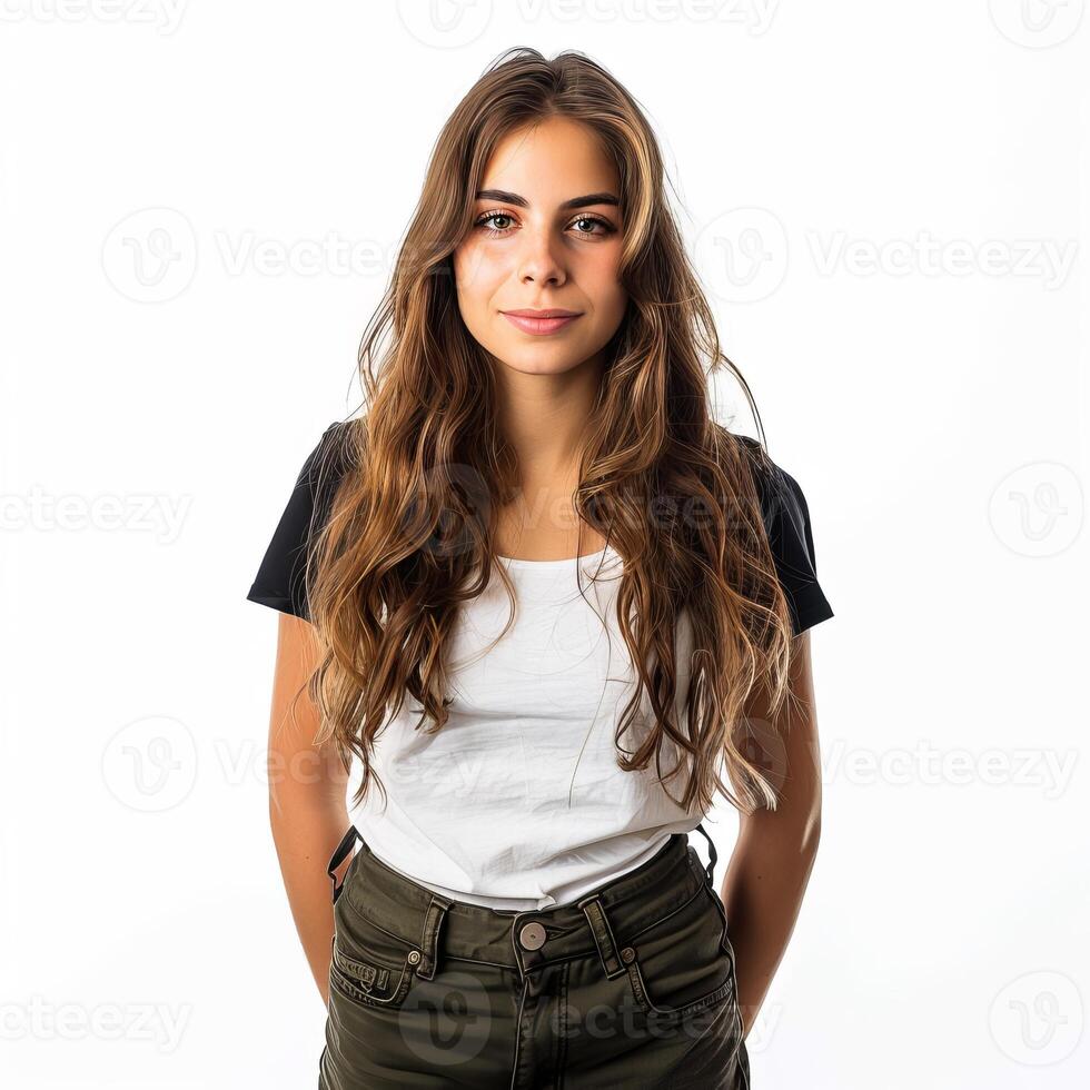 Young woman with long brown hair posing on white background 55675206 ...
