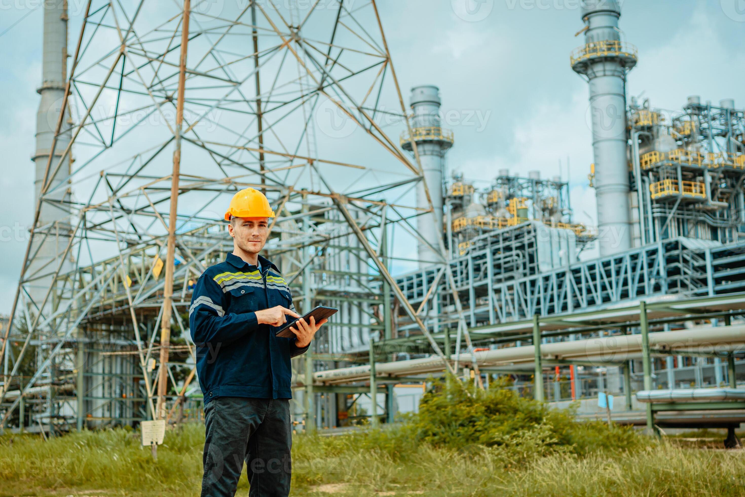 Engineer oversees operations at industrial plant while using a tablet ...