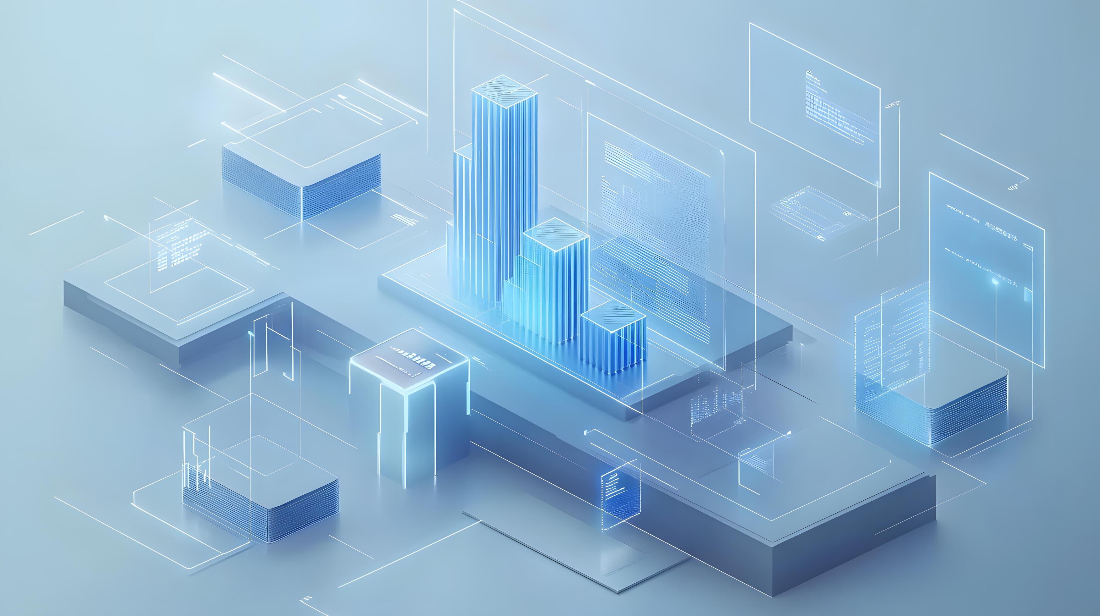 3D business data visualization with floating blue bar charts, UI ...