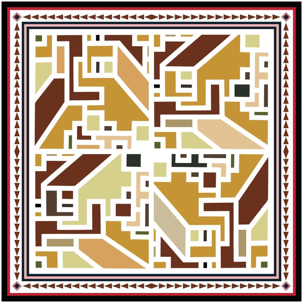 Abstract square scarf print, geometric pattern with earth tones and maze-like design, framed by ...
