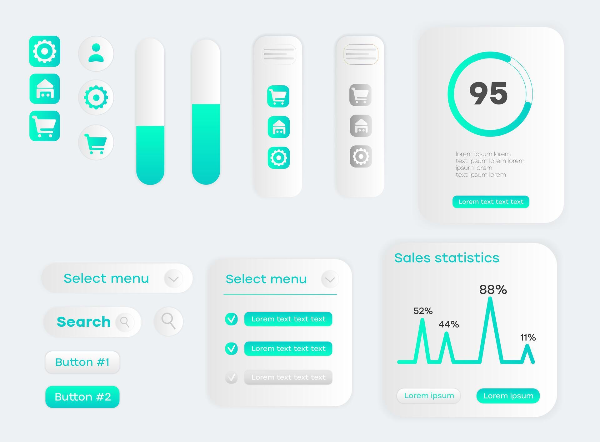 UI UX design elements set with buttons, icons, progress bars ...