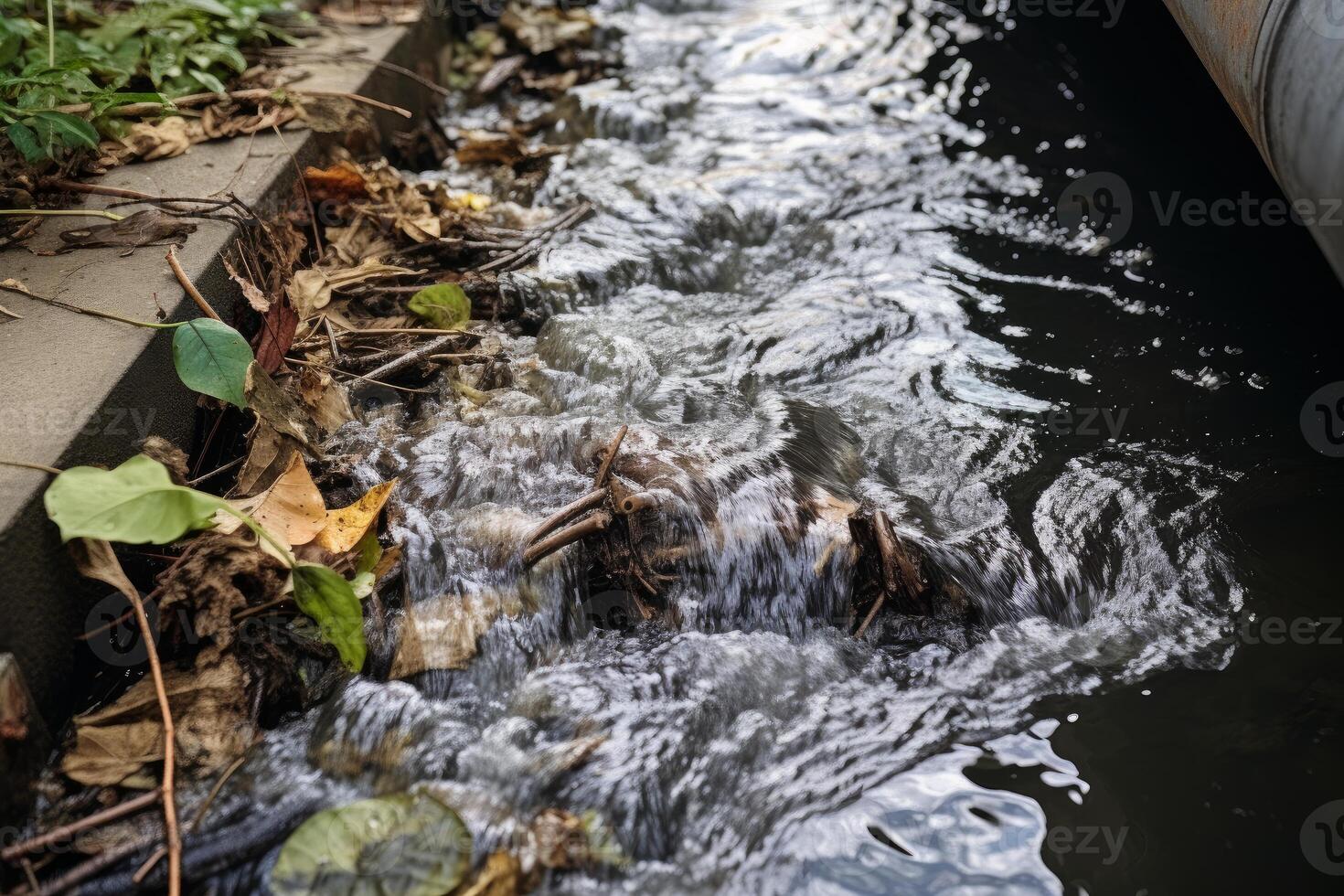Water flowing in a concrete drainage ditch with autumn leaves and ...