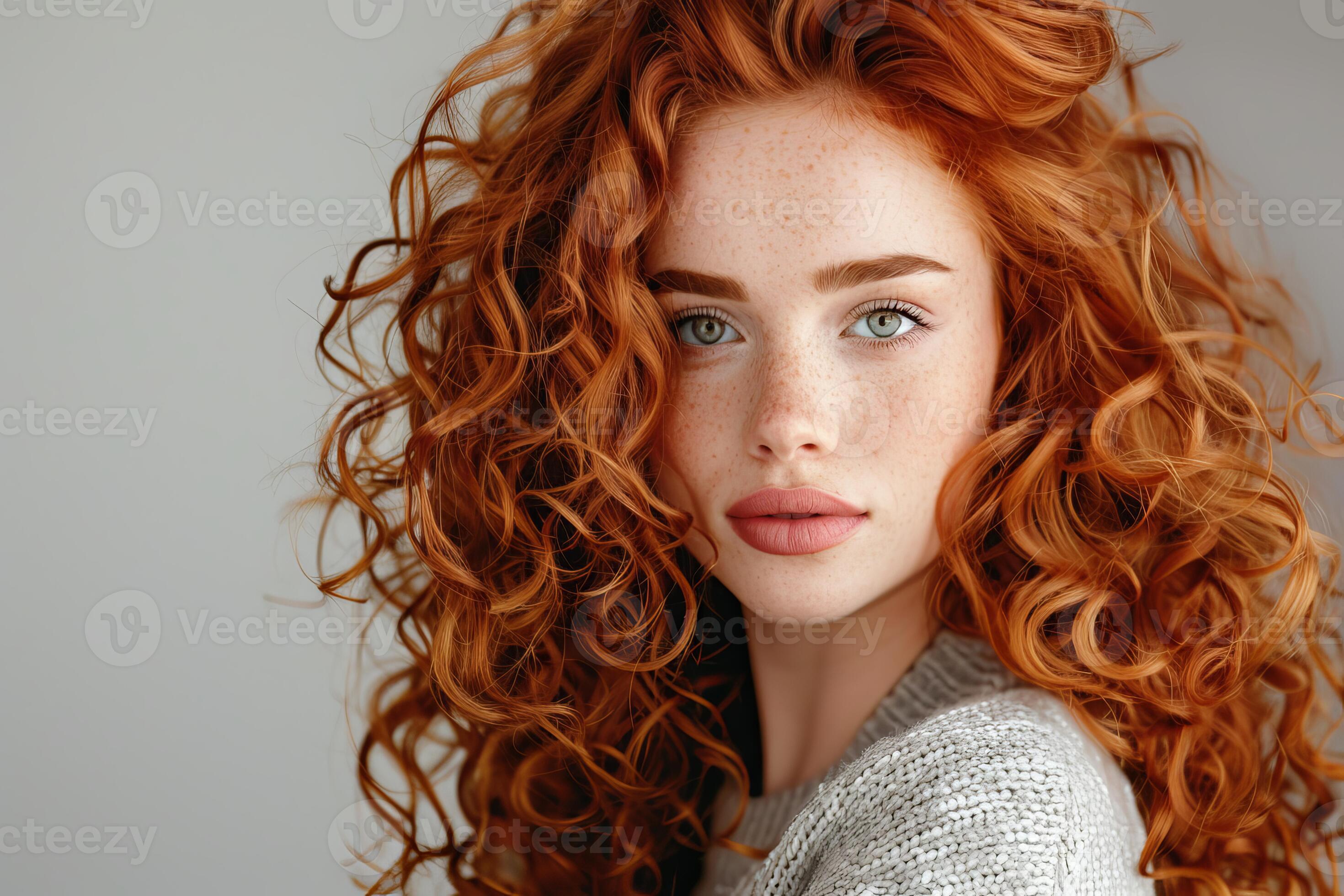 Portrait of attractive young woman with long, red curly hair and ...