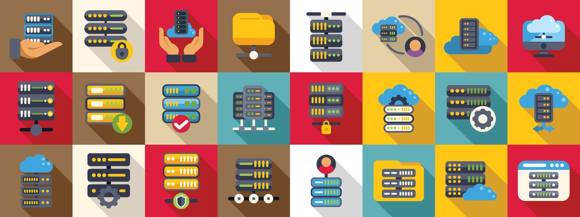Dedicated Server Icons Set Server Rack Icons Showing Data Storage Cloud Computing And Network