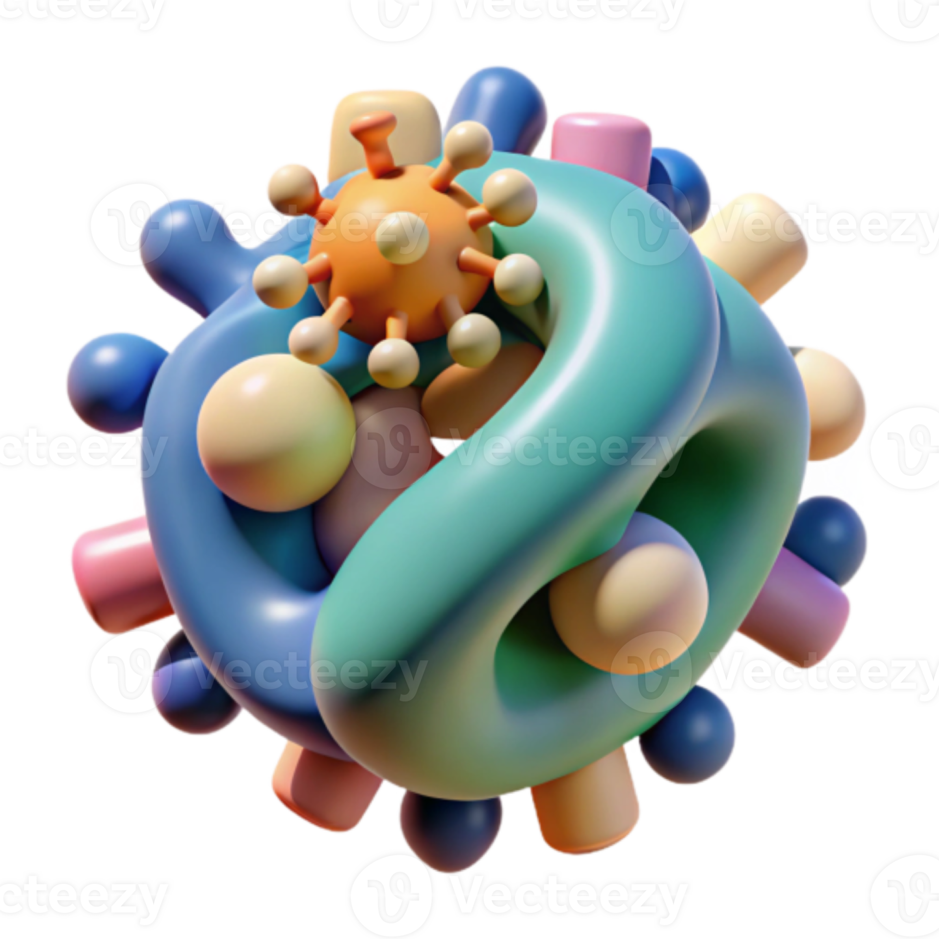 Abstract 3d Render Of Intertwined Colorful Shapes And Virus Model