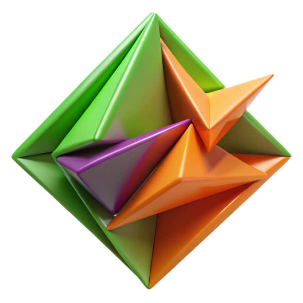 Abstract 3d Render Of Interlocking Triangular Forms In Green Orange And