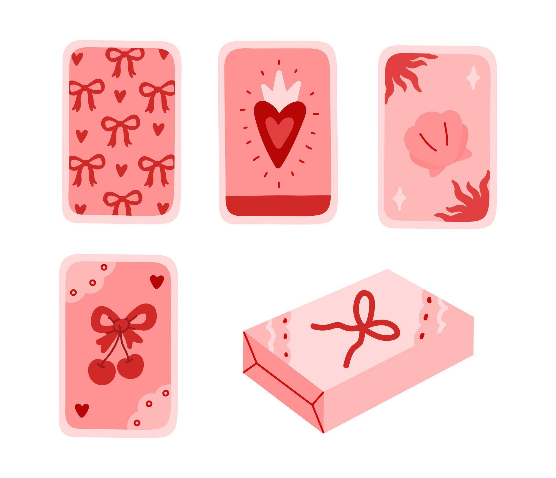 Set of mystical tarot cards with red bow, cherry berry, heart, shell, stars. Coquette aesthetic ...