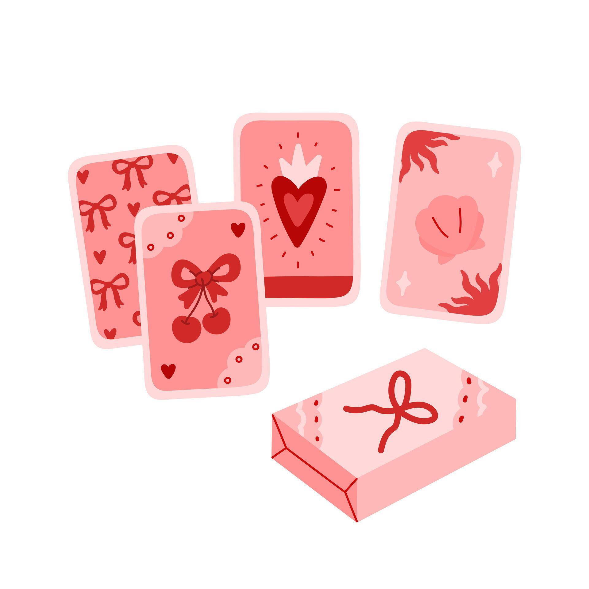 Set of mystical tarot cards. Cards in coquette aesthtetic symbols with red bow, cherry berry ...