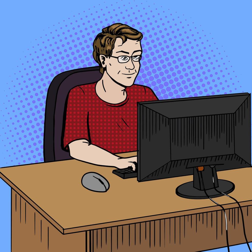 Software developer coder at work comic book pop art retro style ...