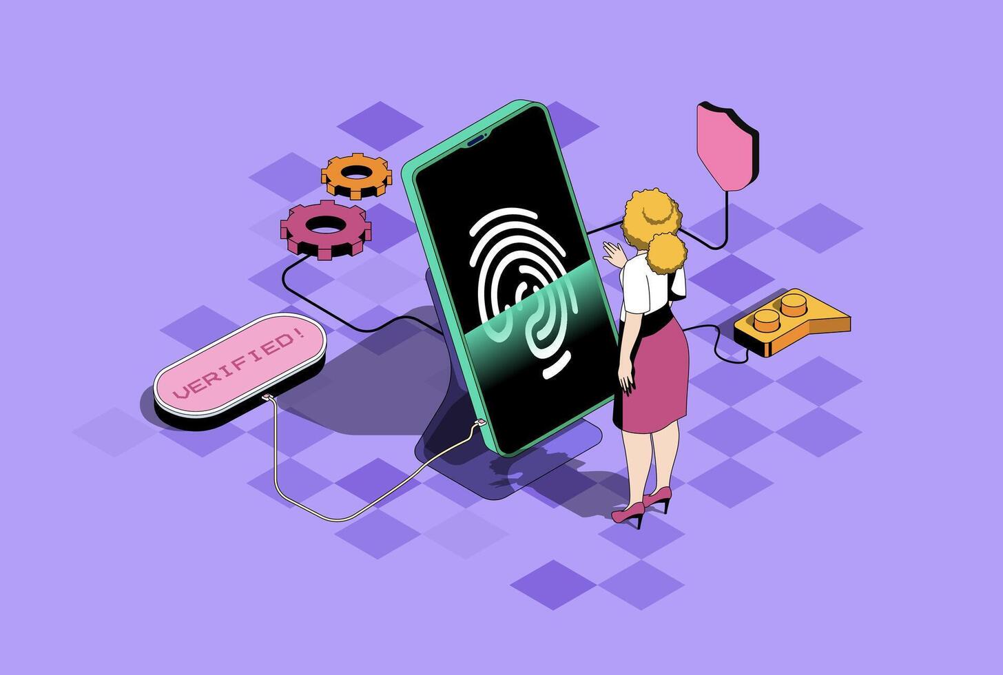 Biometric Control Web Concept In 3d Isometric Graphic Design Isometry People Scene With Woman