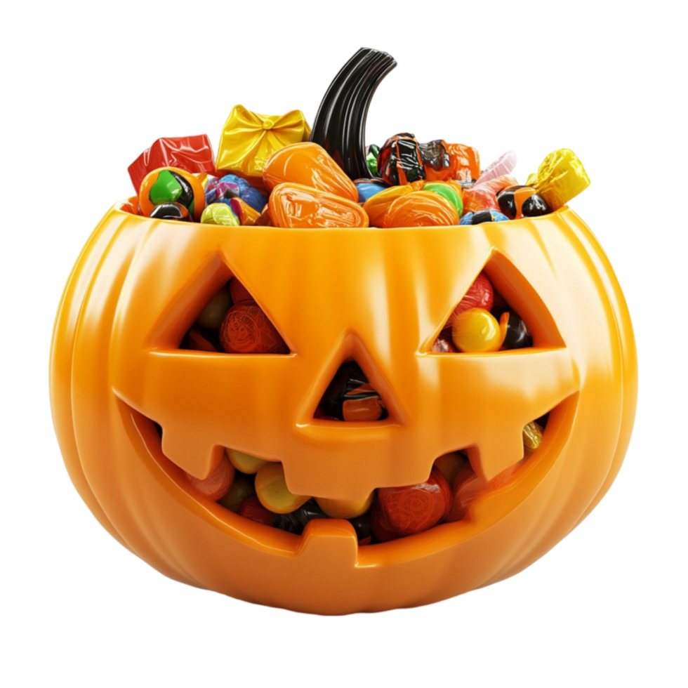 Smiling Halloween Pumpkin Bucket Filled with Colorful Candy 55743529 PNG