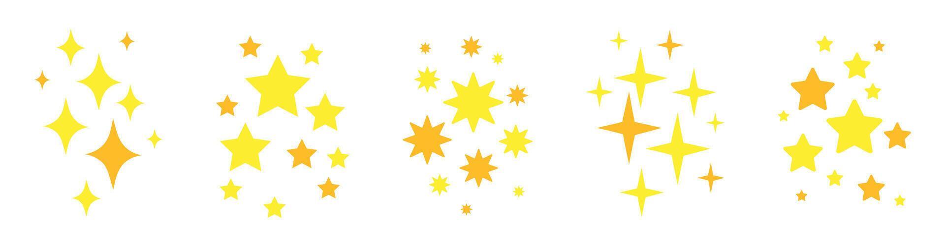 Set of sparkling stars in cartoon style. Flat illustration of twinkling yellow stars isolated on ...