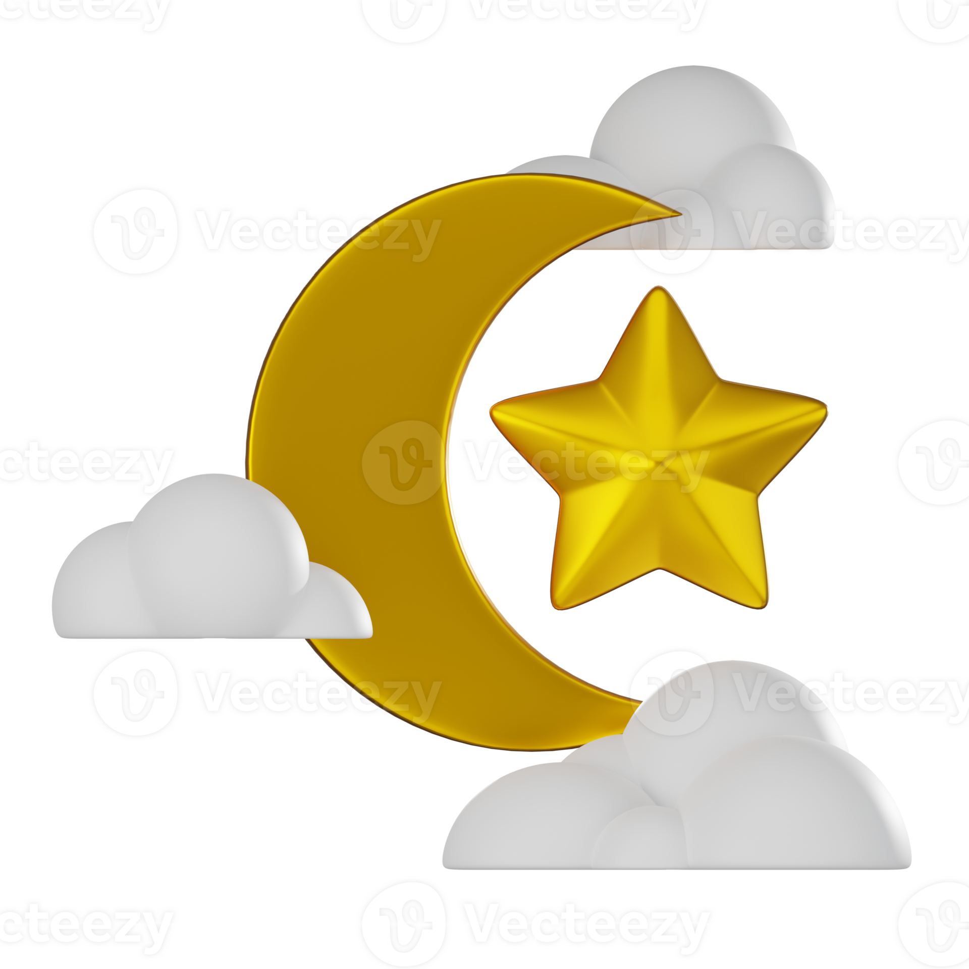 3D render, Crescent Moon and Star with Cloud, Icon Illustration 55767890 PNG