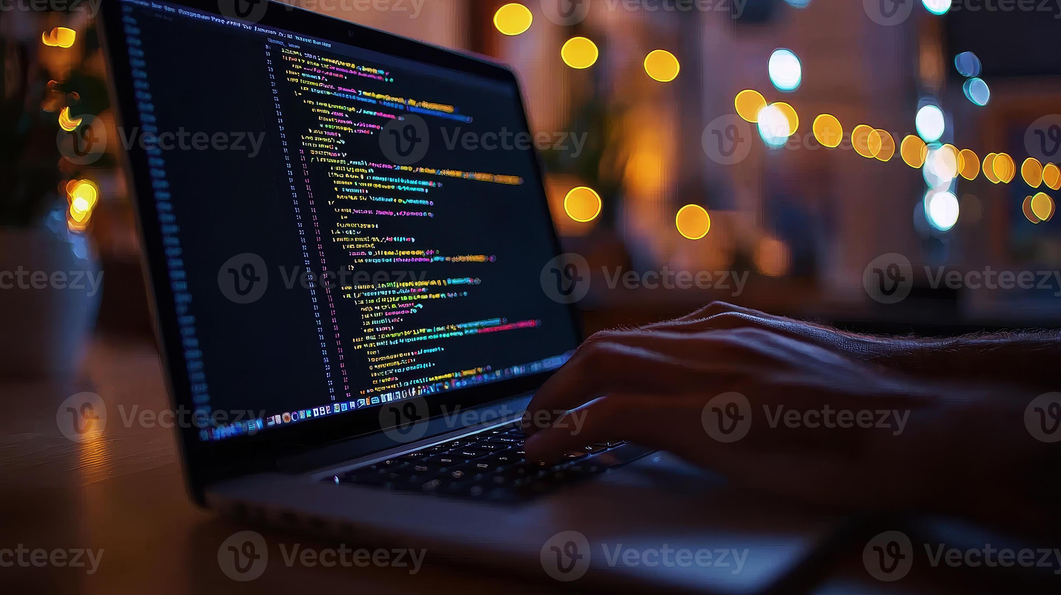 Close up of female hands while typing on laptop. displaying lines of colorful programming code ...