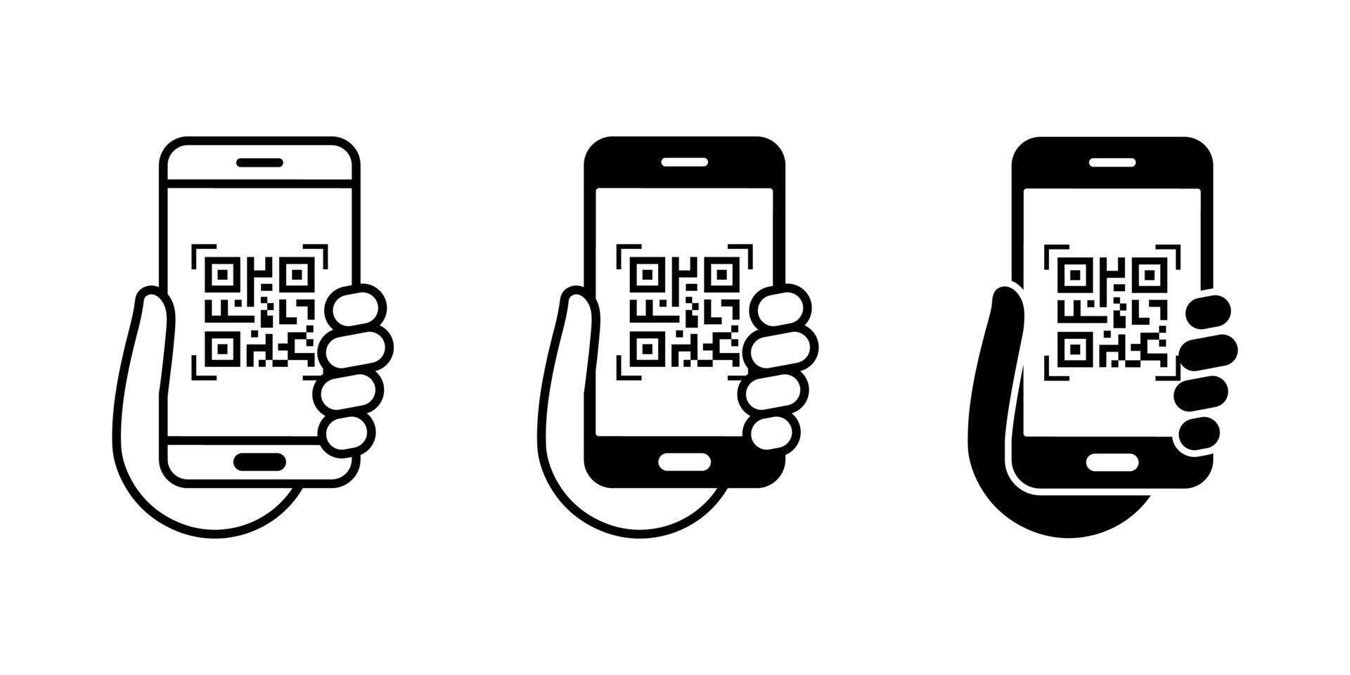 QR code scan icon. Mobile phone scanning QR code . Hand holding a phone ...