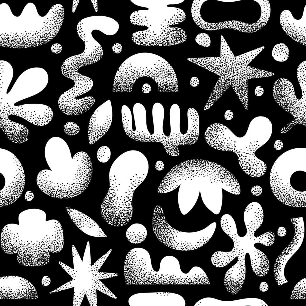 Doodle shapes seamless pattern. Naive abstract shape on black background. Hand drawn noisy grain ...