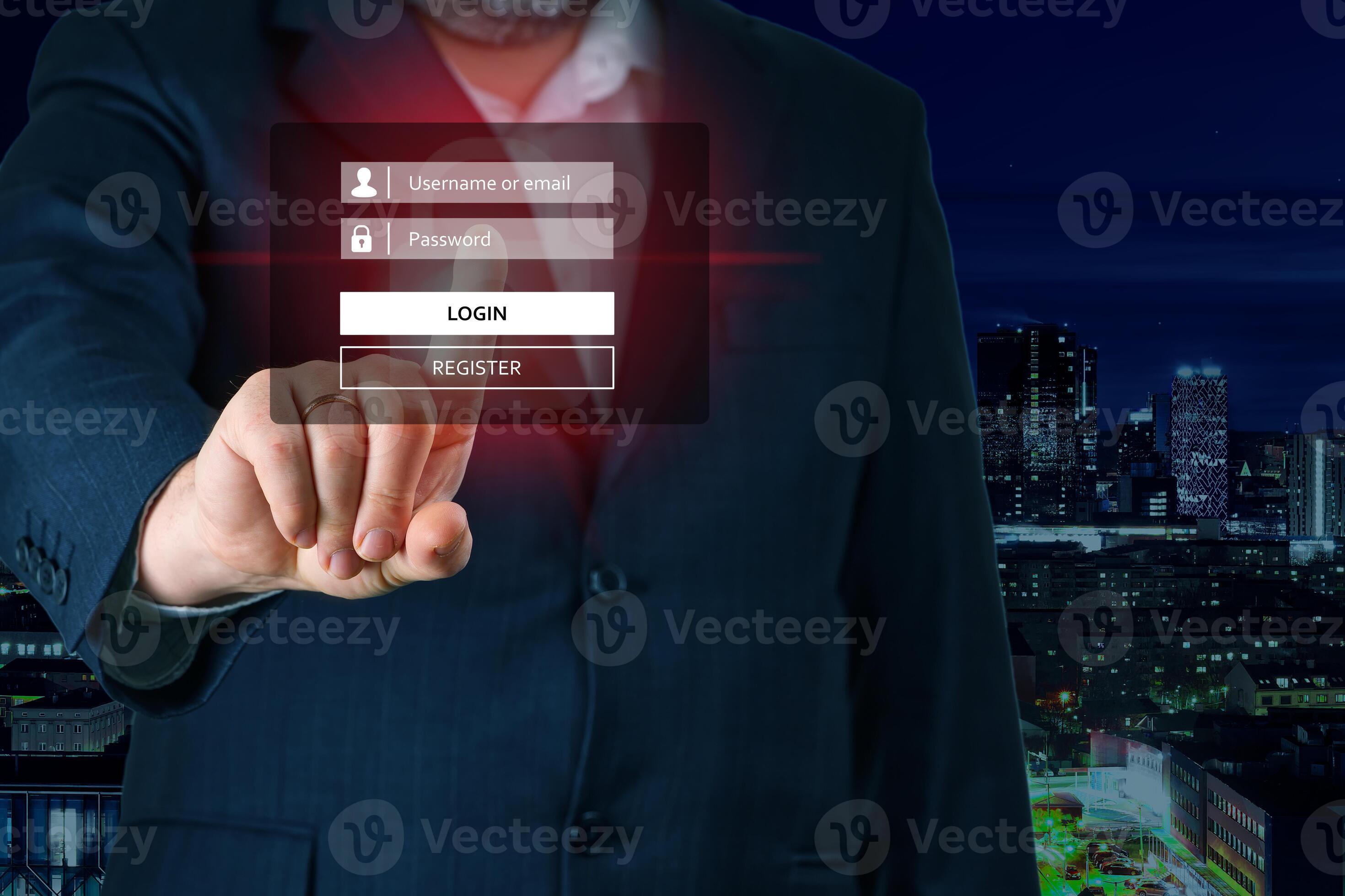 Businessman Hand Finger Touching Screen To Login Enter Username Password For Login Using