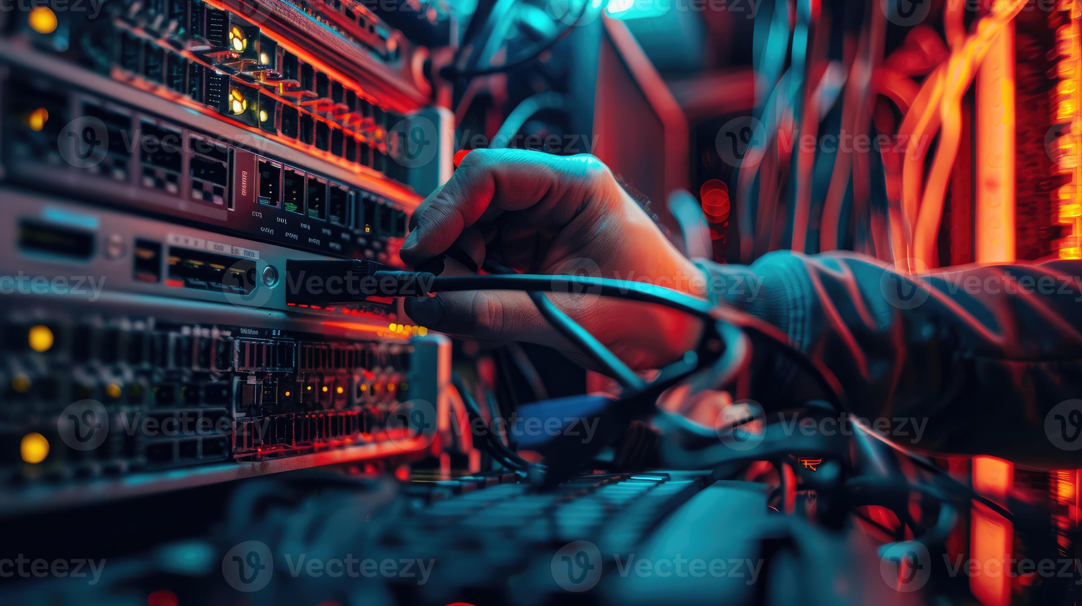 Technician Connecting Cable To Server Rack In Data Center 55814037