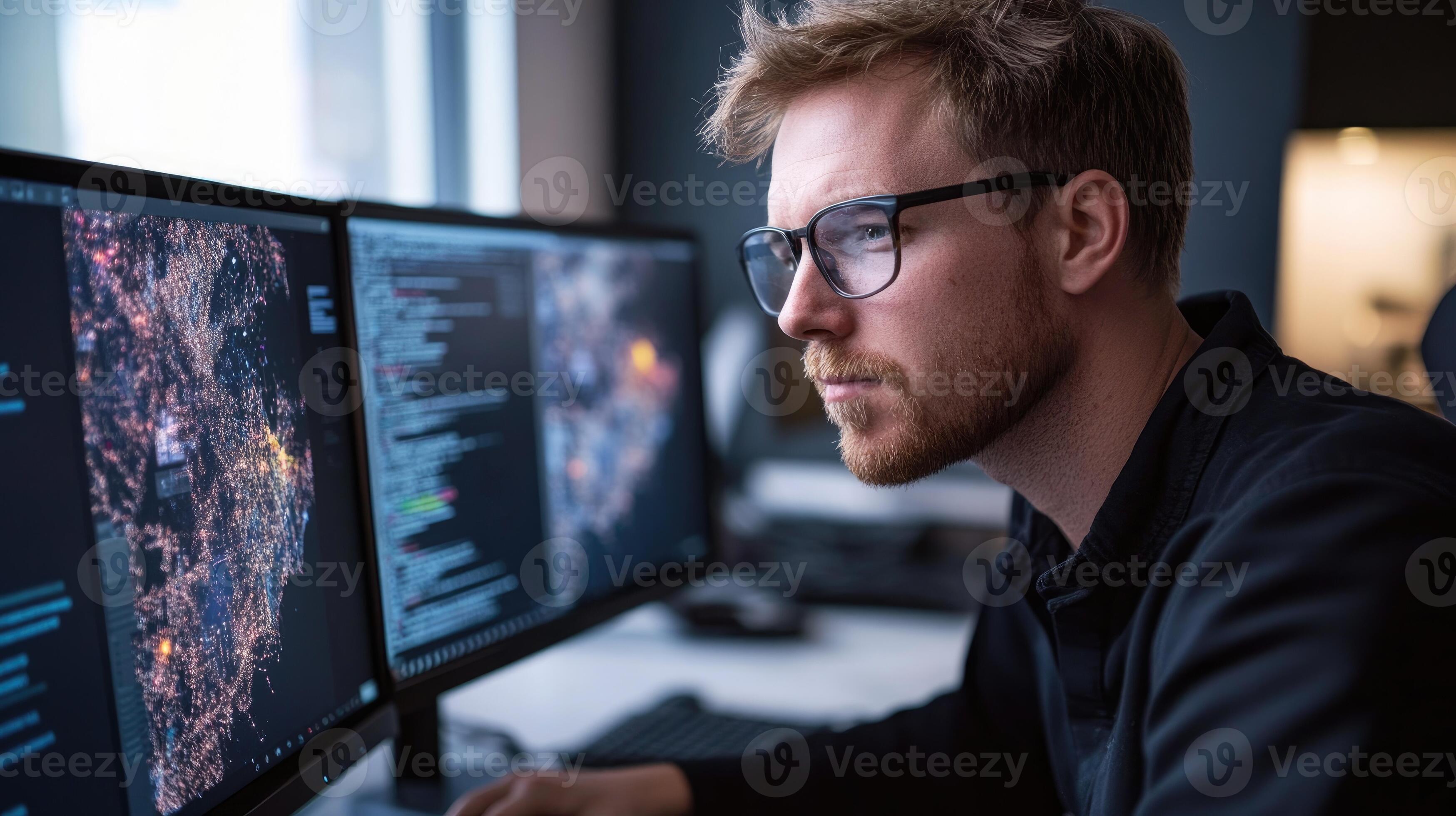 Man Working on Computer Analyzing Data Visualizations 55814090 Stock Photo at Vecteezy