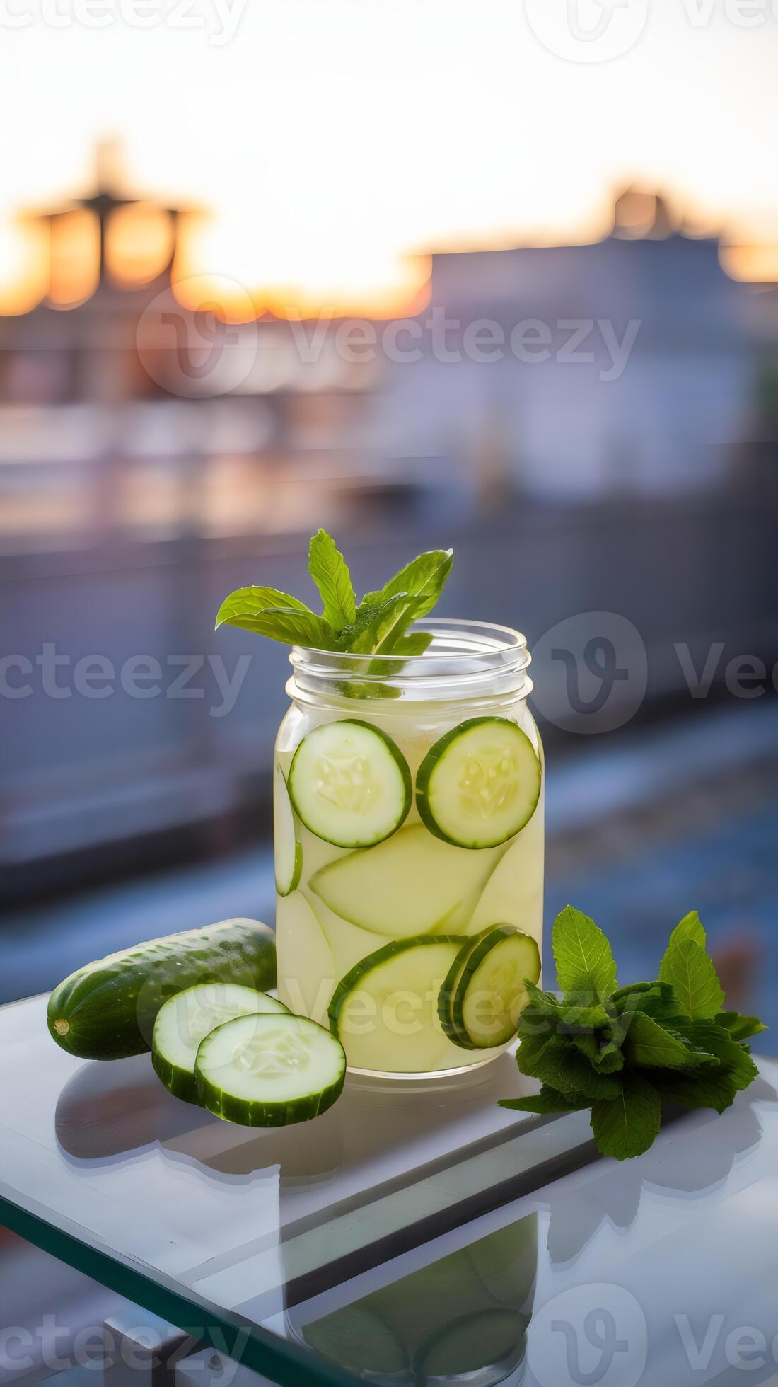 Cucumber mint lemonade in a glass jar with cucumber slices and mint leaves against a rooftop ...