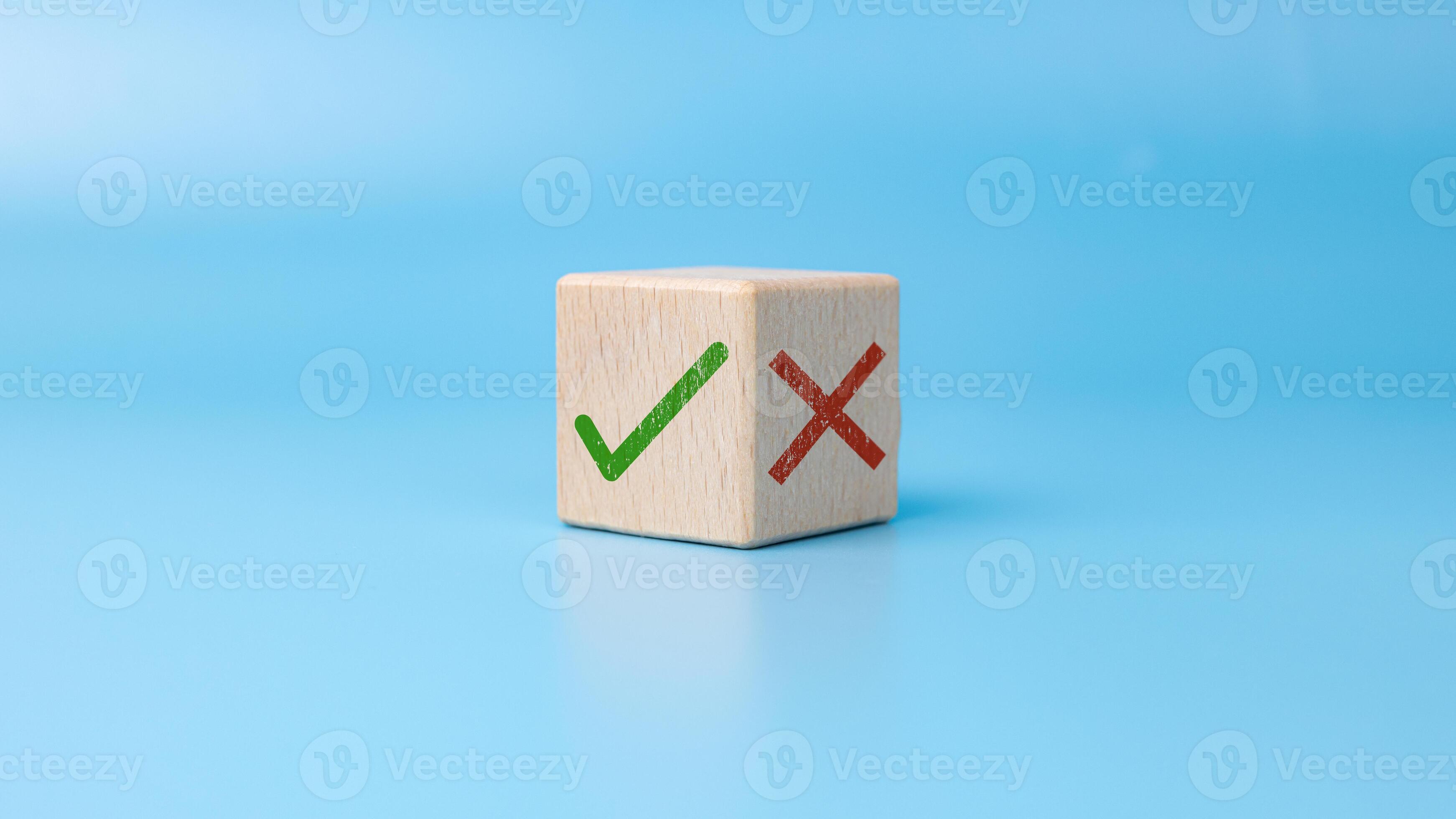 Right and wrong symbols, Green correct sign mark and red cross mark which print on wooden for ...