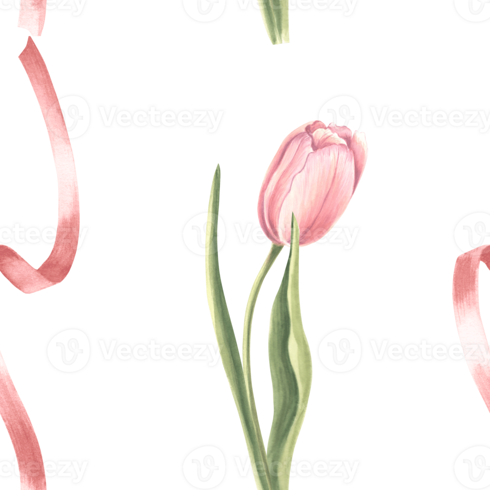 Pink tulips with ribbons. Seamless pattern. Hand drawn watercolor ... Pink tulips with ribbons. Seamless pattern. Hand drawn watercolor ...